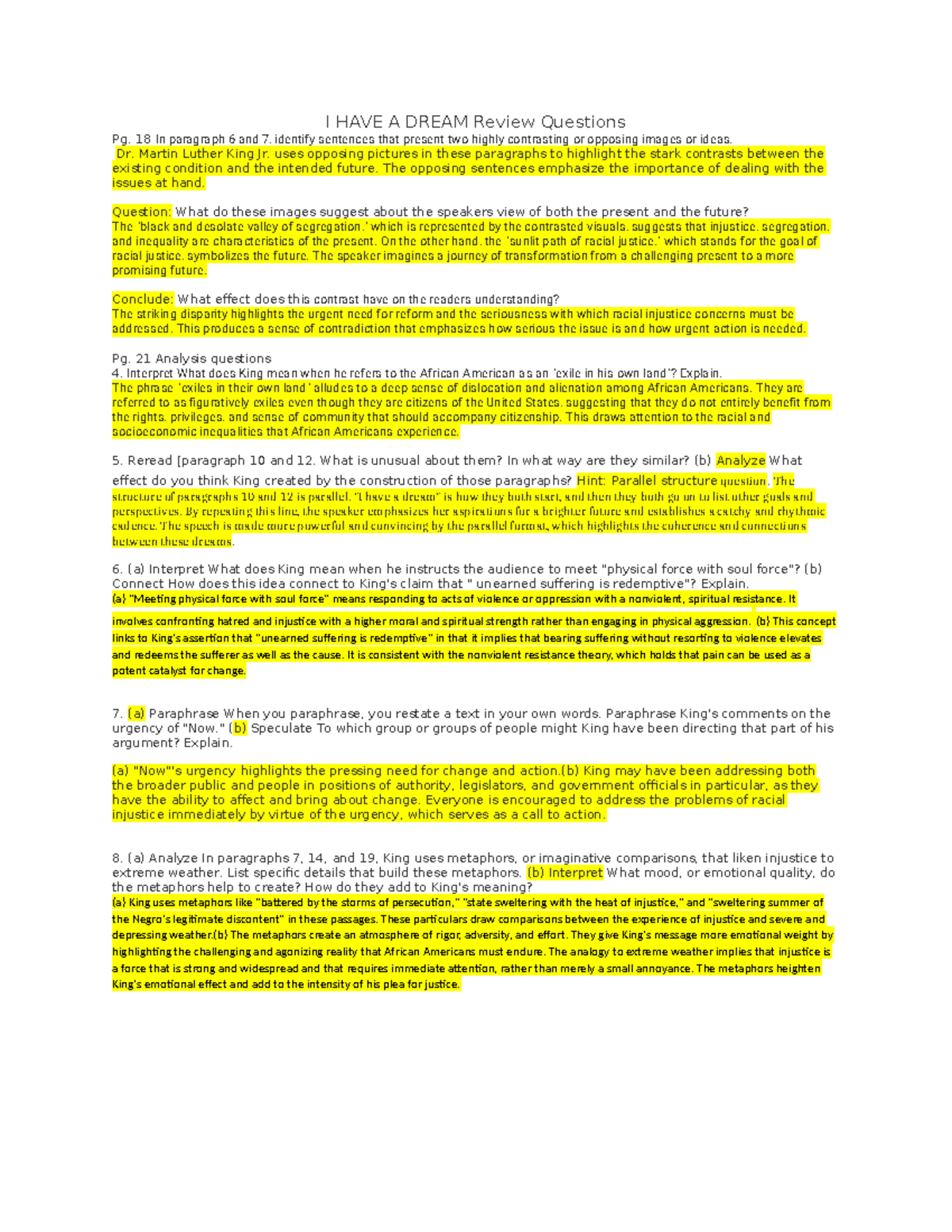 I HAVE A Dream Review Questions - I HAVE A DREAM Review Questions Pg ...