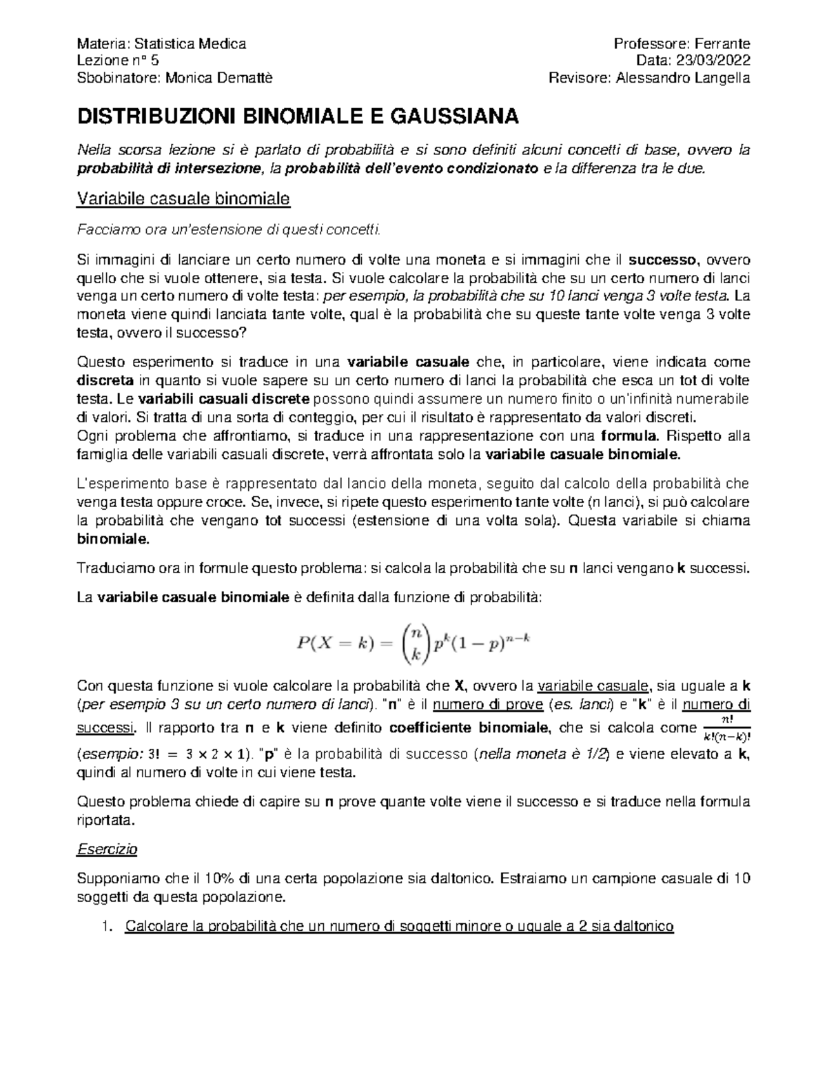 4 Statistica Medica 23.03.22 Distribuzioni binomiale e gaussiana - Inferenza statistica e - Studocu