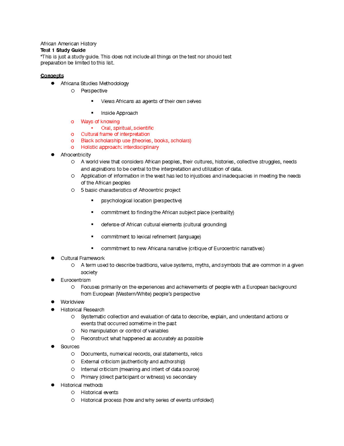 AFRA304 F17 Brown E1SG - African American History Test 1 Study Guide ...