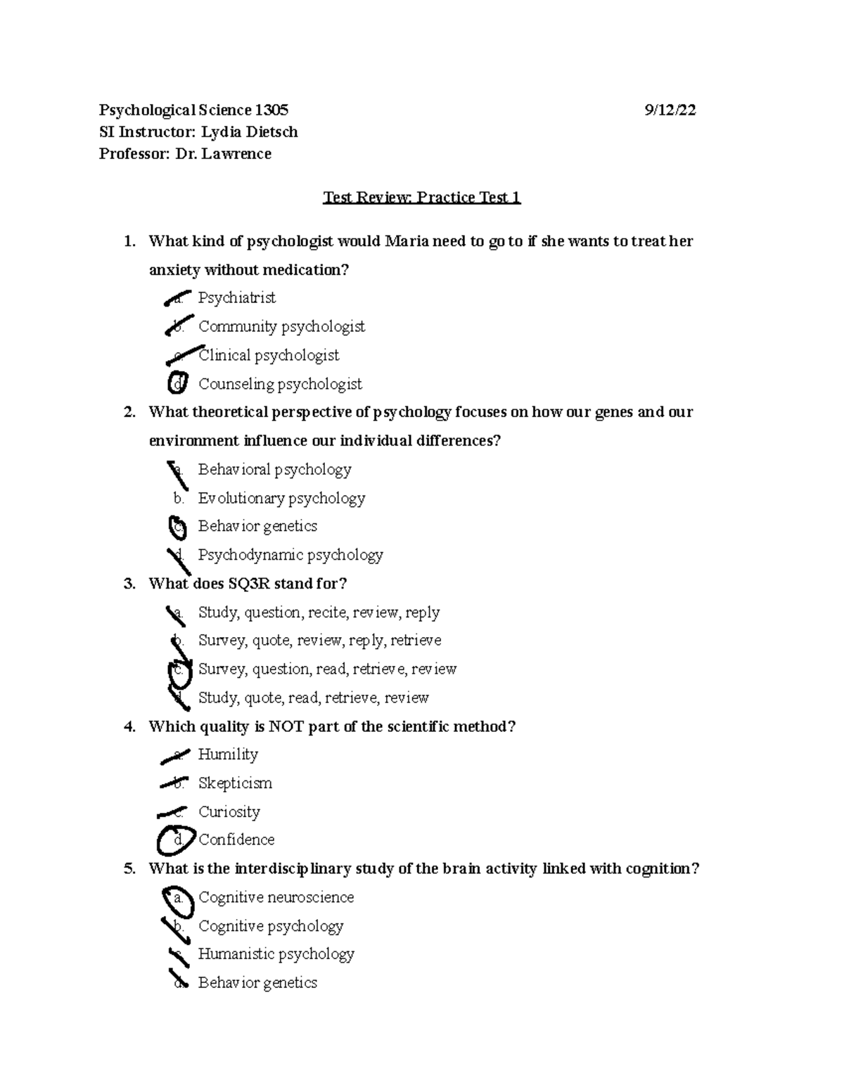 Practice test 1 psych - Si session - Psychological Science 1305 9/12 ...
