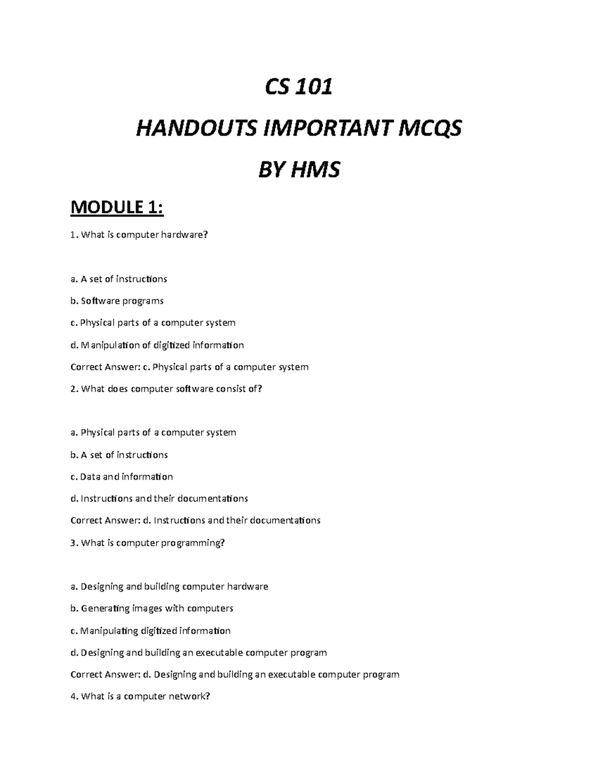 CS 101 by hms - CS 101 HANDOUTS IMPORTANT MCQS BY HMS MODULE 1: What is ...