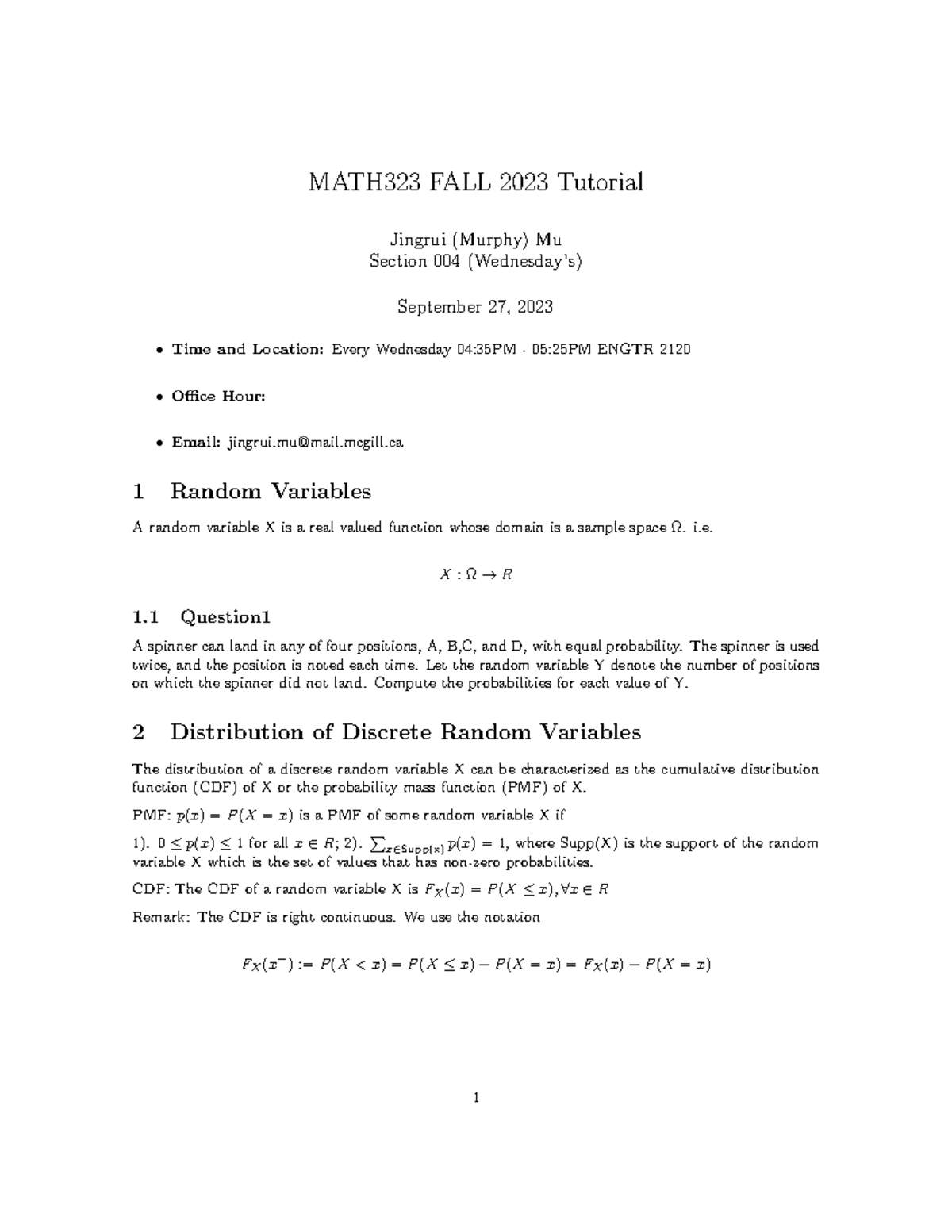 MATH323 Tutorial 4 - MATH323 FALL 2023 Tutorial Jingrui (Murphy) Mu ...