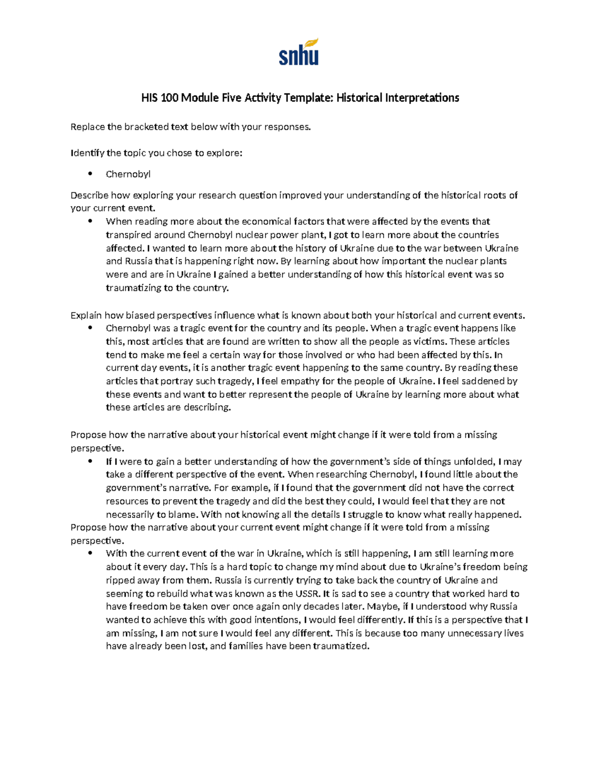 HIS 100 Module Five Activity Template - Identify the topic you chose to ...