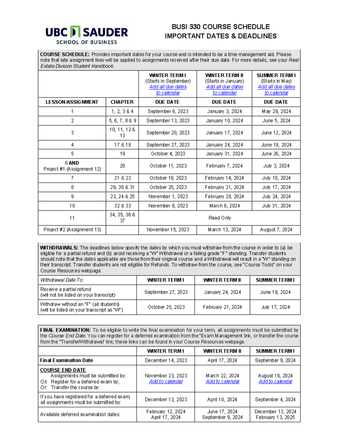 BUSI 330 Course Schedule - BUSI 330 COURSE SCHEDULE IMPORTANT DATES ...