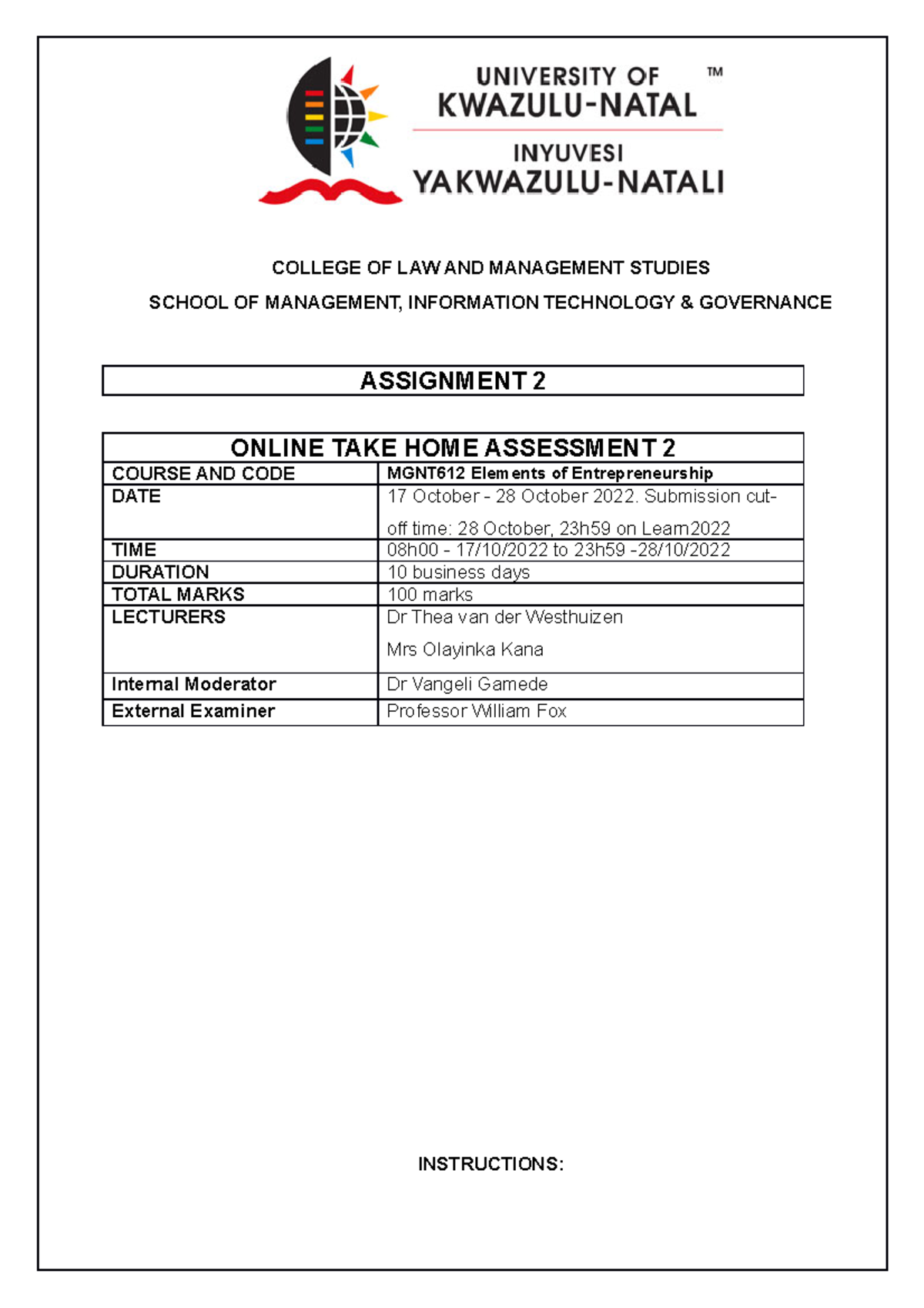 MGNT6 12 individual Take Home Assignment 2 - COLLEGE OF LAW AND ...