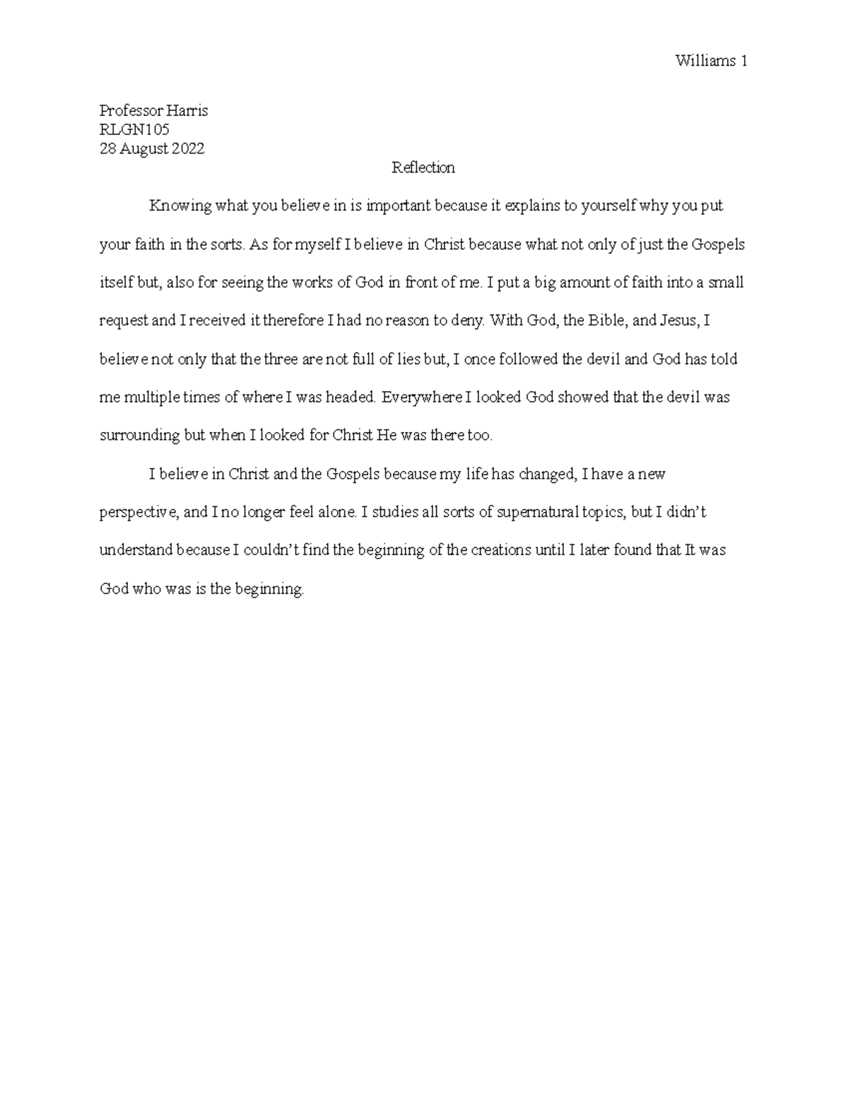 Reflection rl - Williams 1 Professor Harris RLGN 28 August 2022 ...