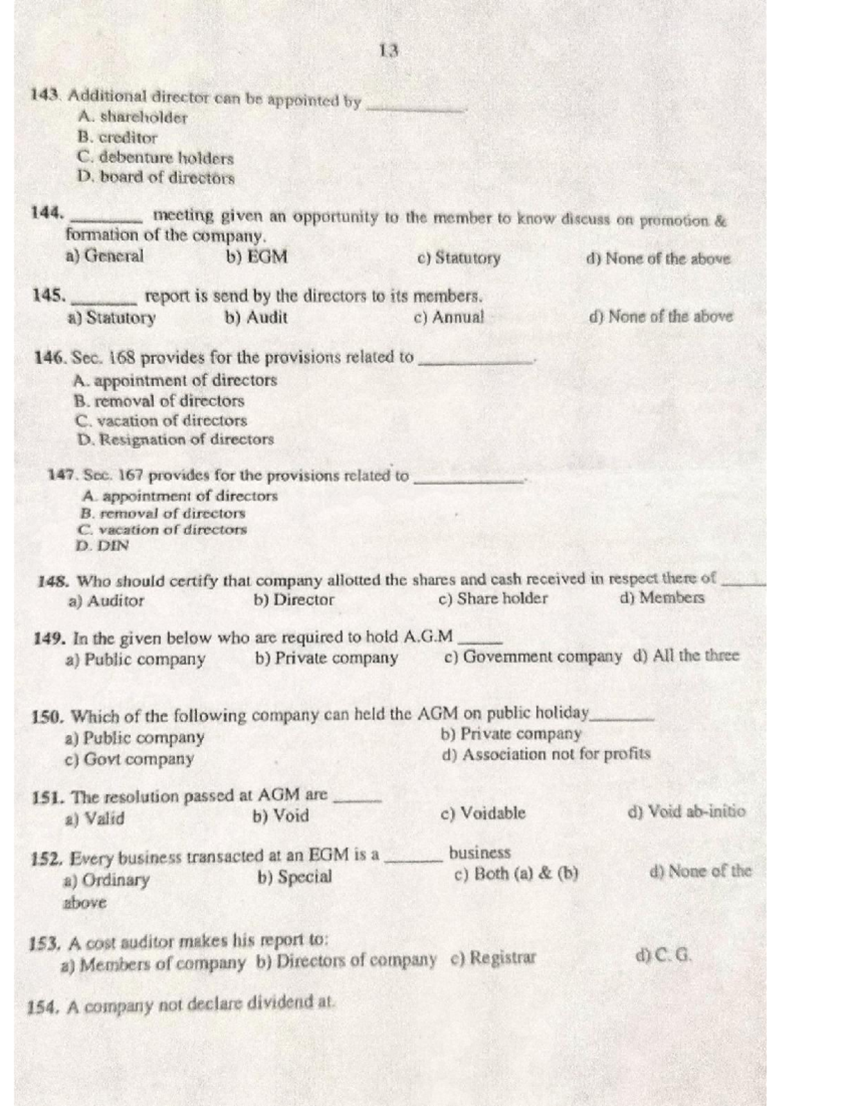 Corporate Regulations And Administration Mcq Questions Answers 143 181 Finance And