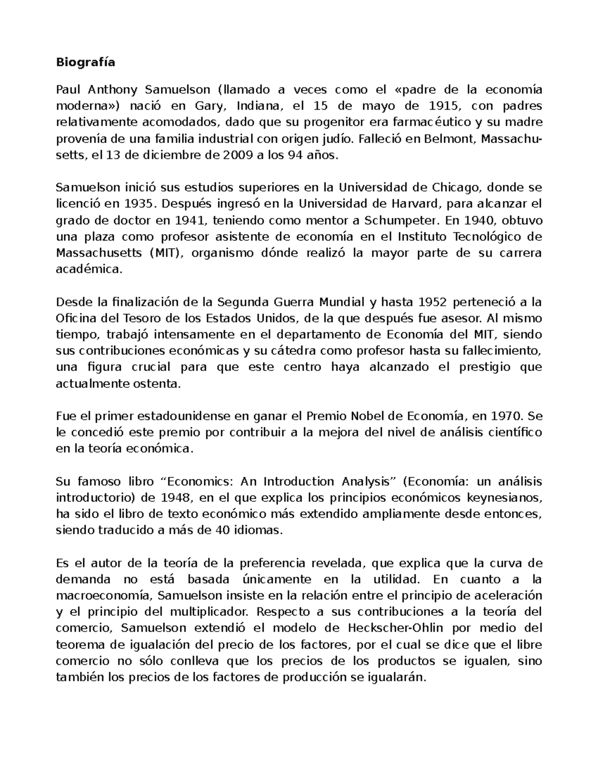 Paul Samuelson - Biografía Paul Anthony Samuelson (llamado a veces como ...