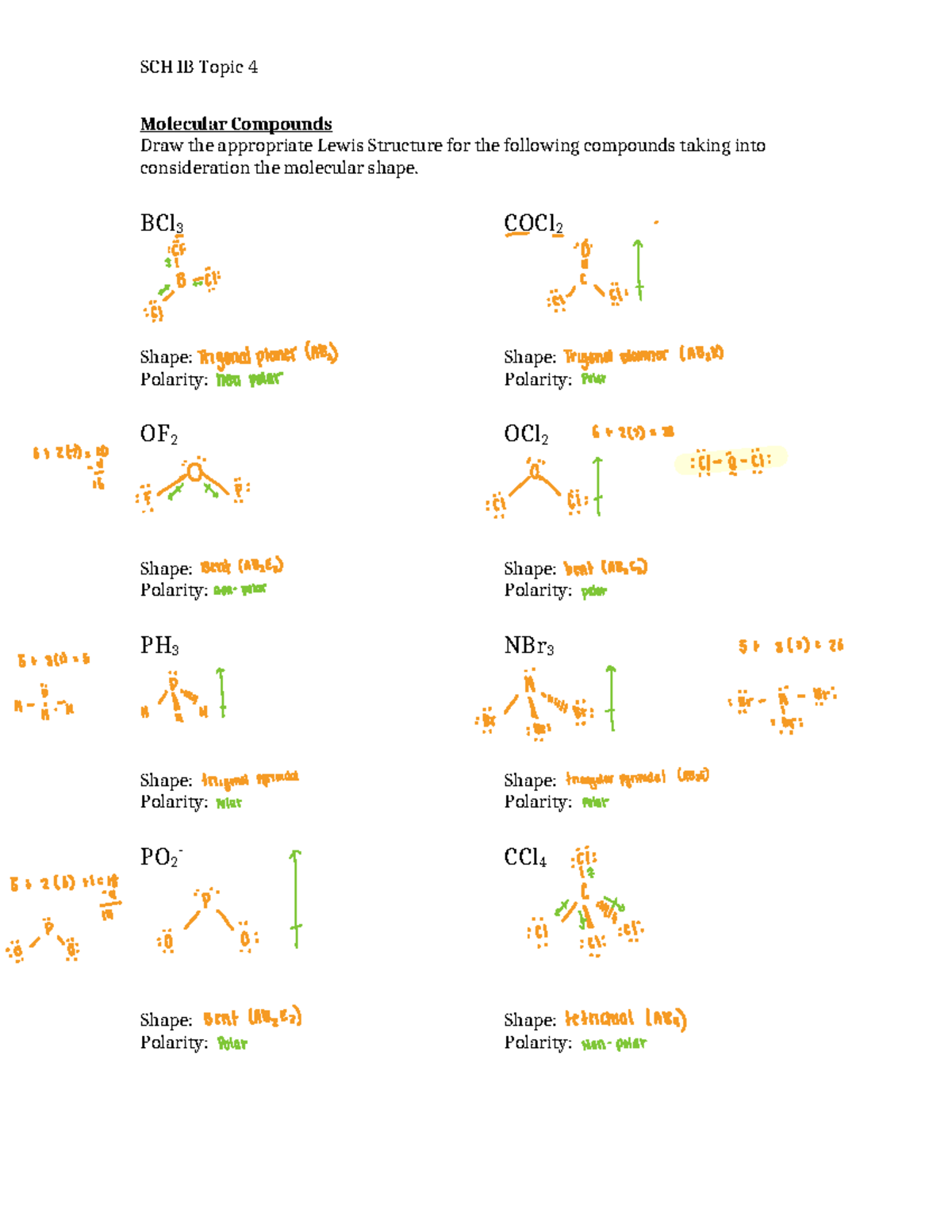 Shapes prac topic 4 chem 2 - SCH IB Topic 4 Molecular Compounds Draw ...