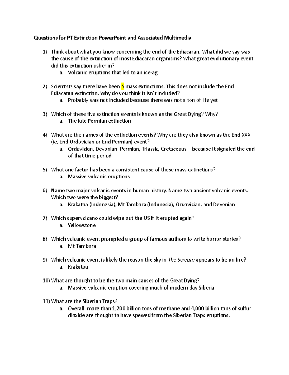 (4) Questions for Mass Extinction Events Power Point and Associated ...
