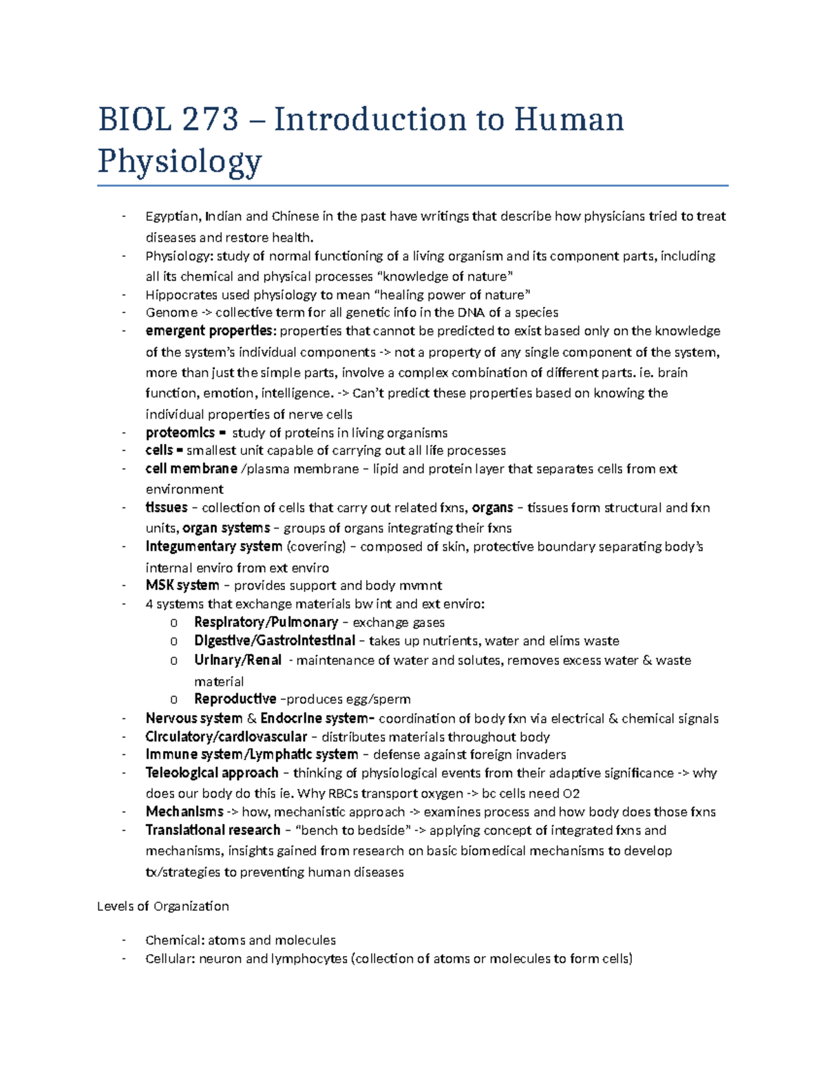 BIOL 273 Unit 1 - notes for lectures - BIOL 273 – Introduction to Human ...