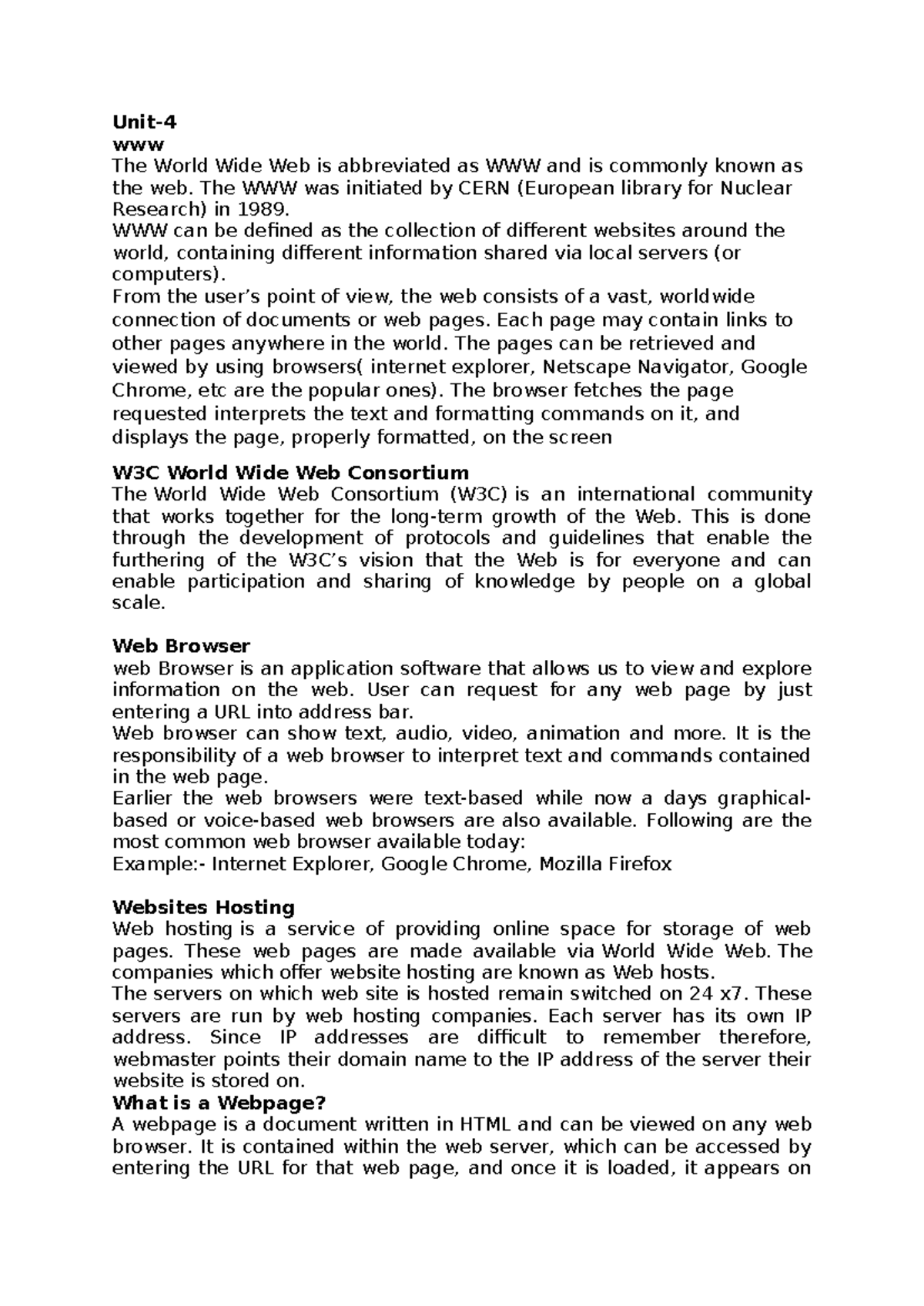 Unit4-part1 - Unit- www The World Wide Web is abbreviated as WWW and is ...