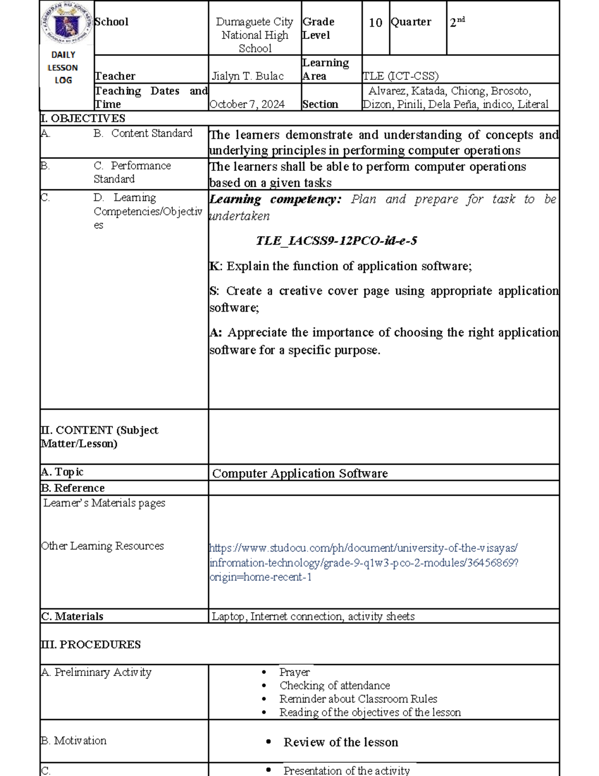 WEEK 2 TLE-ICT-CSS-10-Q2B - School Dumaguete City National High School Grade Level 10 Quarter 2 ...