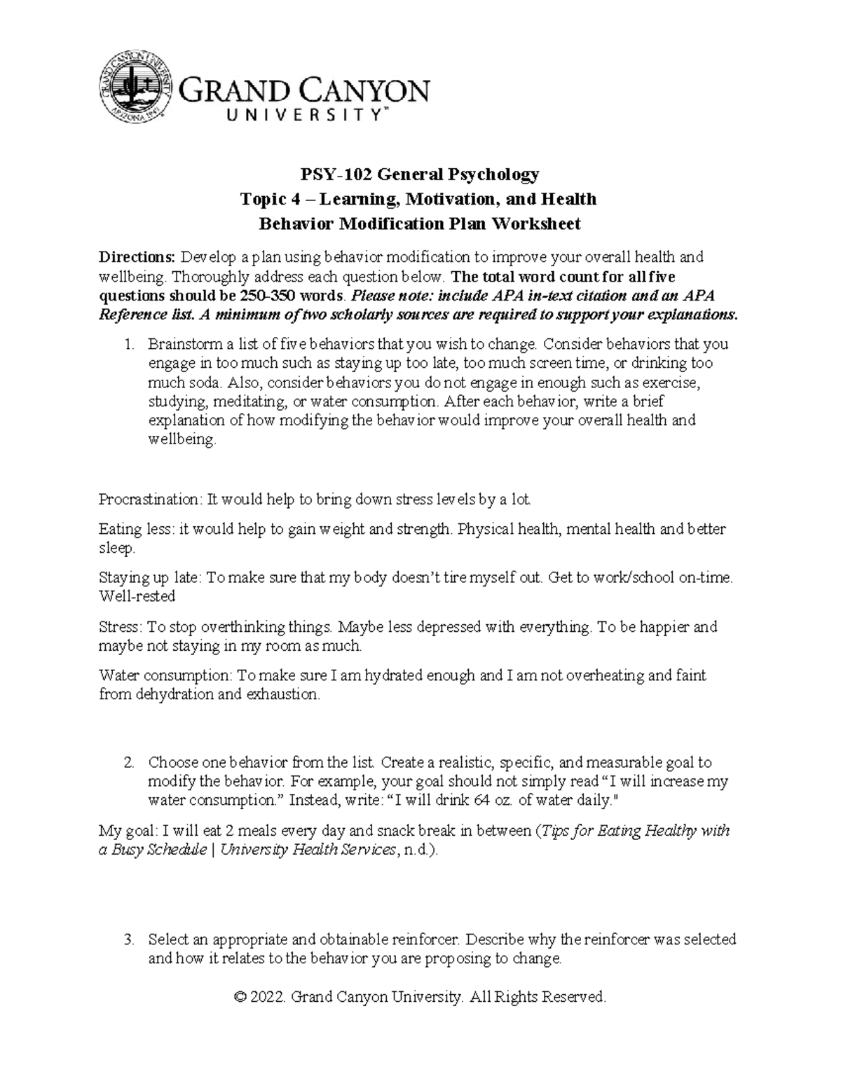 PSY 102 RS T4 Behavior Modification Plan - PSY-102 General Psychology ...