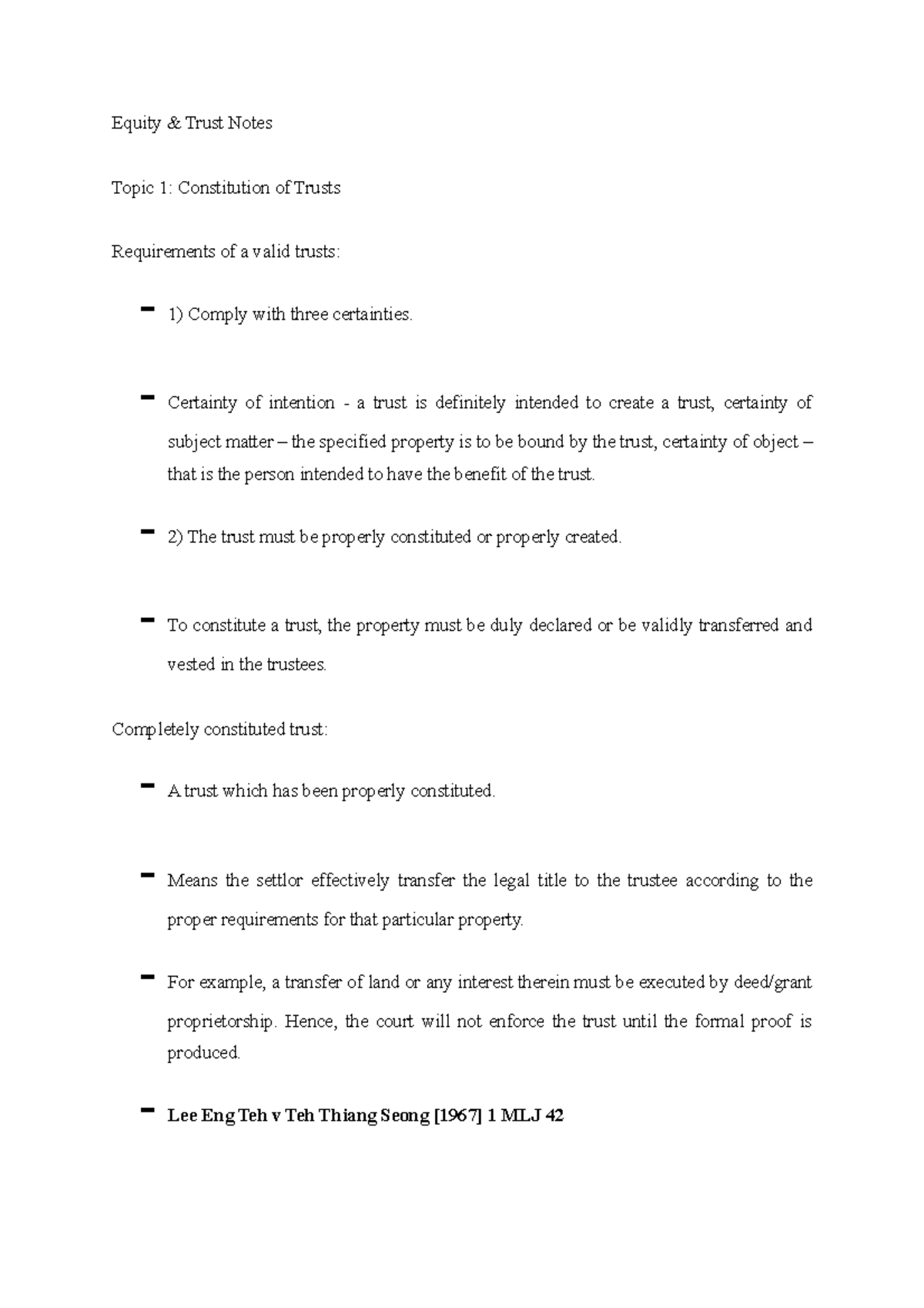 Equity & Trust Notes - Equity & Trust Notes Topic 1: Constitution of ...