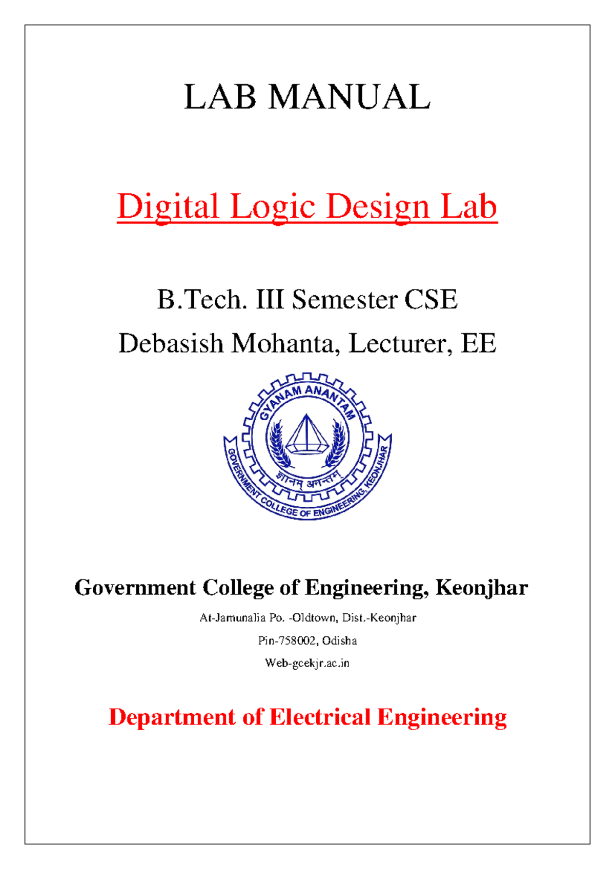 Digital Logic Design Lab Manual - LAB MANUAL Digital Logic Design Lab B. III Semester CSE ...