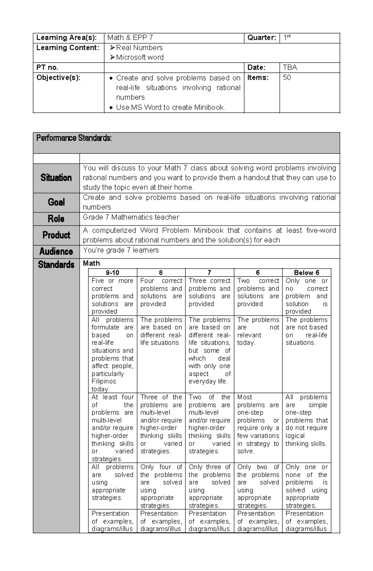 616155418 Math Computer 7 - Learning Area(s): Math & EPP 7 Quarter: 1 ...