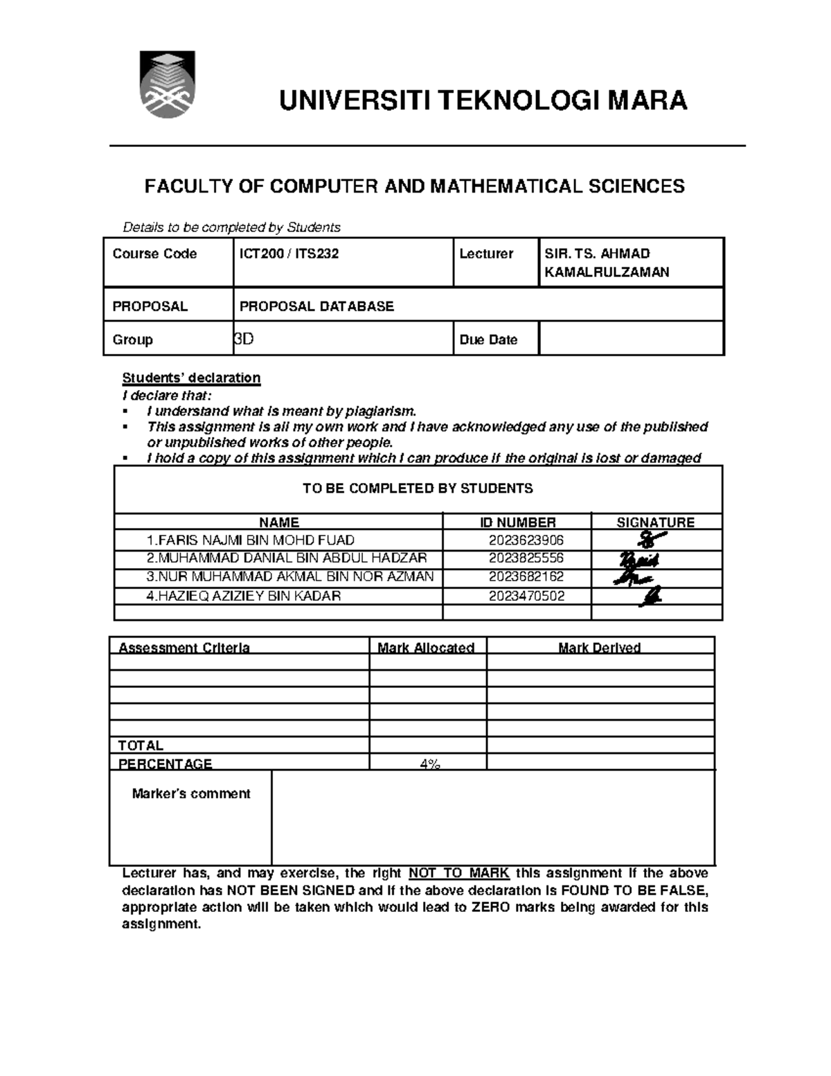 ICT Assignment - UNIVERSITI TEKNOLOGI MARA FACULTY OF COMPUTER AND MATHEMATICAL SCIENCES Details ...