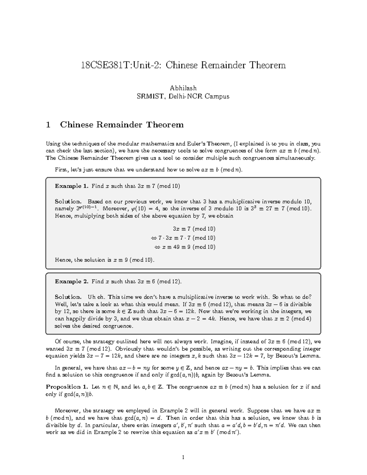 CRT - Notes - 18CSE381T:Unit-2: Chinese Remainder Theorem Abhilash ...