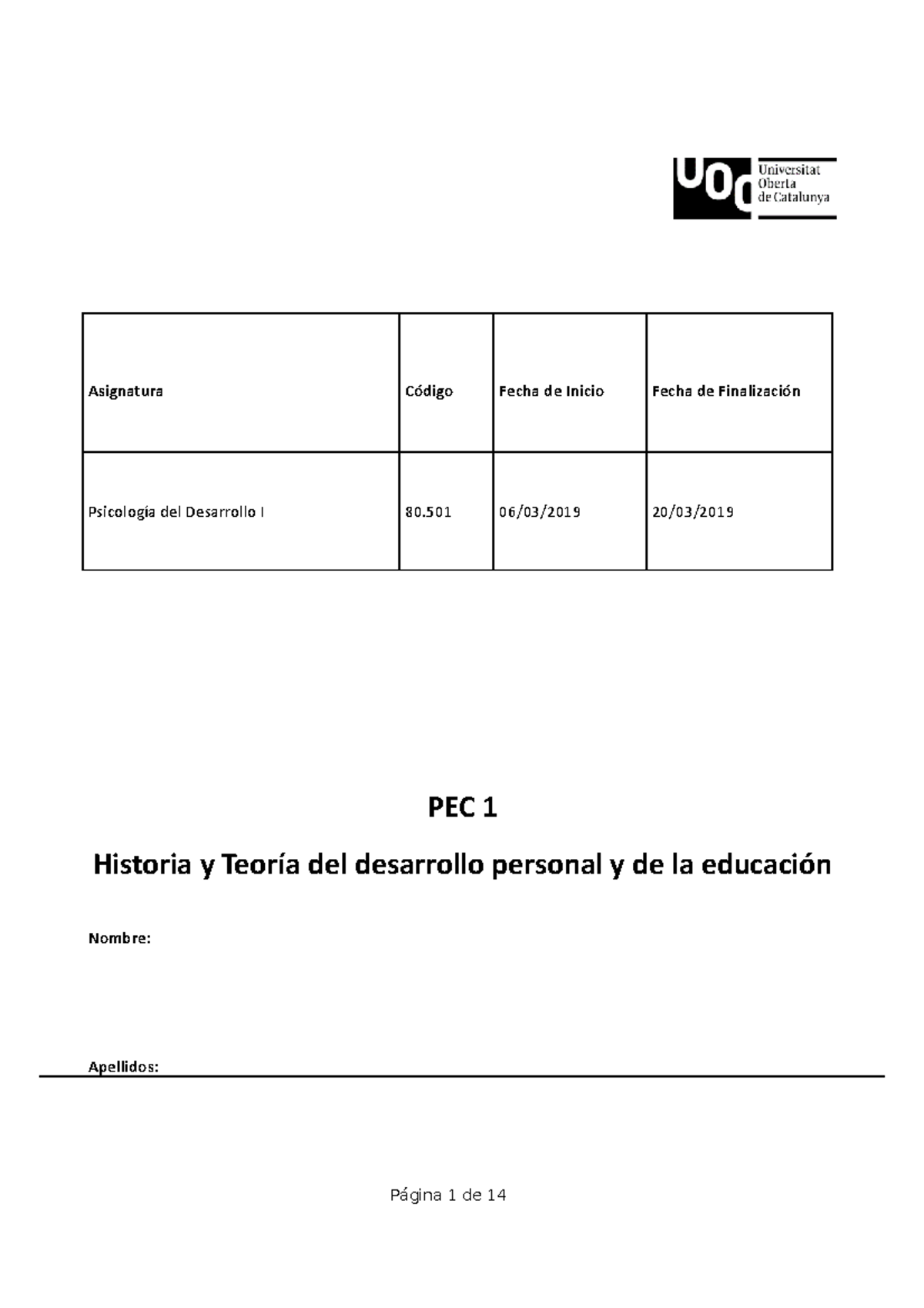 Plantilla entrega PEC1 PDI - Psicología del Desarrollo I 80 06/03/2019 ...