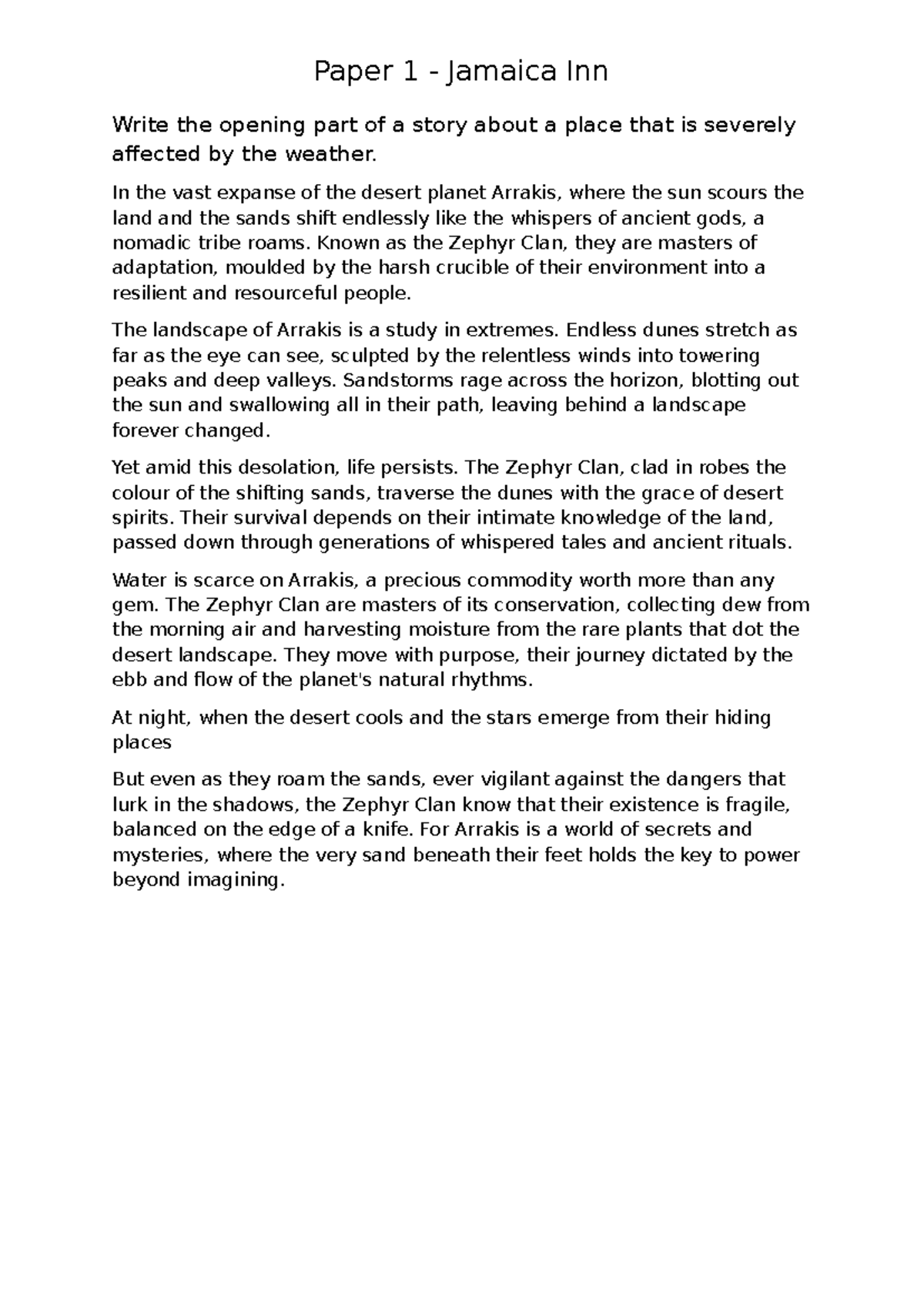 Paper 1 - Jamaica Inn - Piece of work - Paper 1 - Jamaica Inn Write the ...