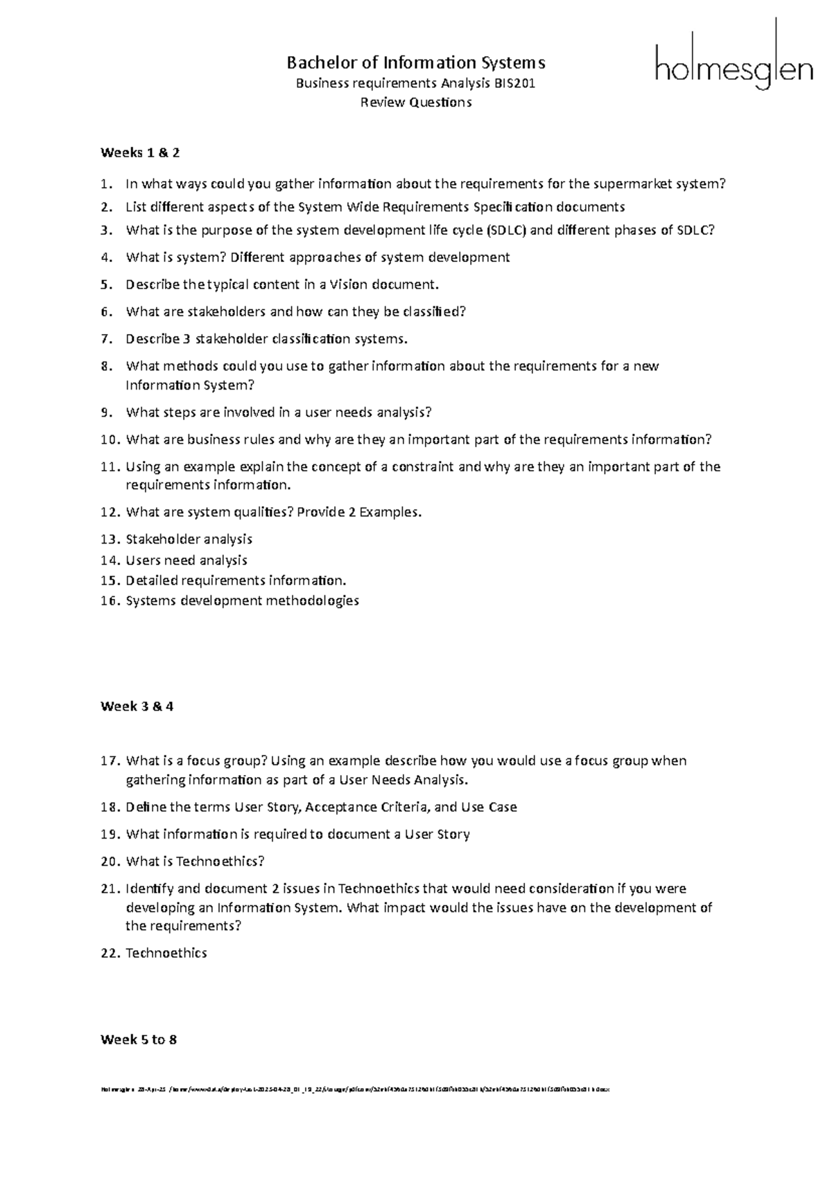BIS201 Business Requirements Review Questions-1 - Bachelor of ...