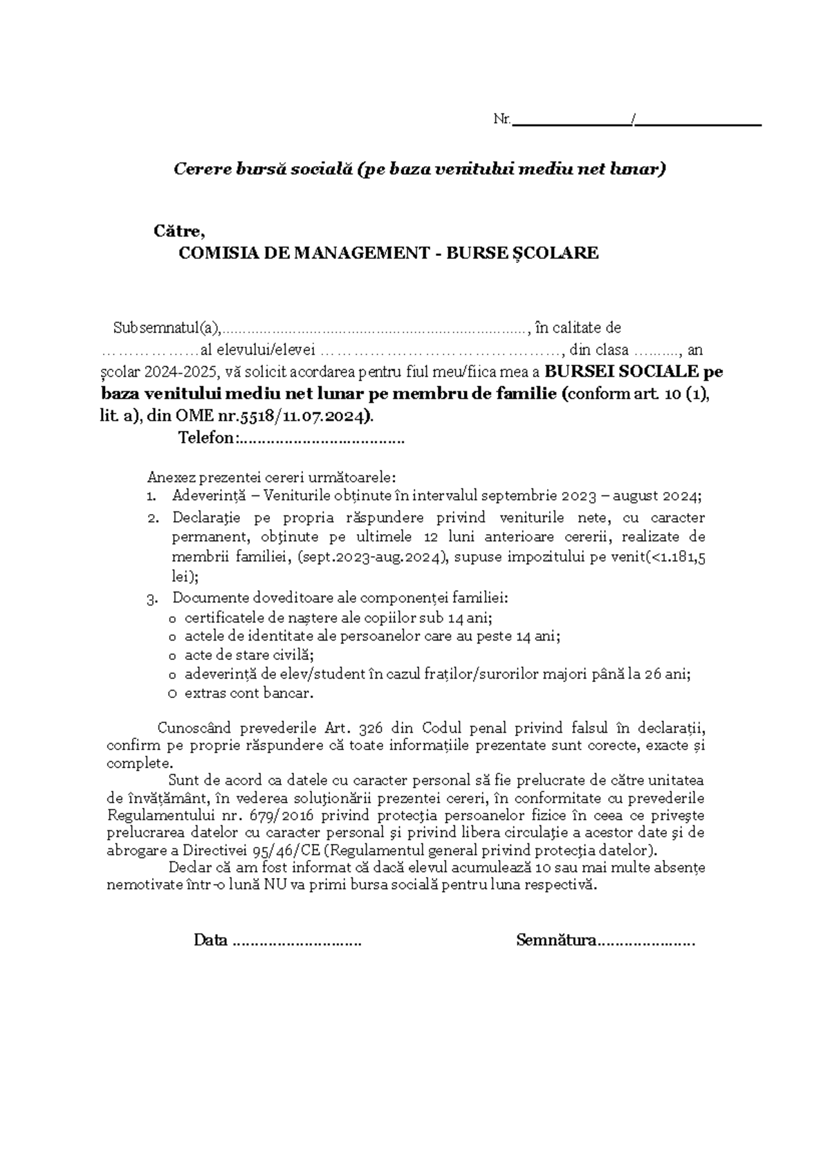 Cerere bursa social venit mic 2024 2025 - Nr. / Cerere bursă socială ...