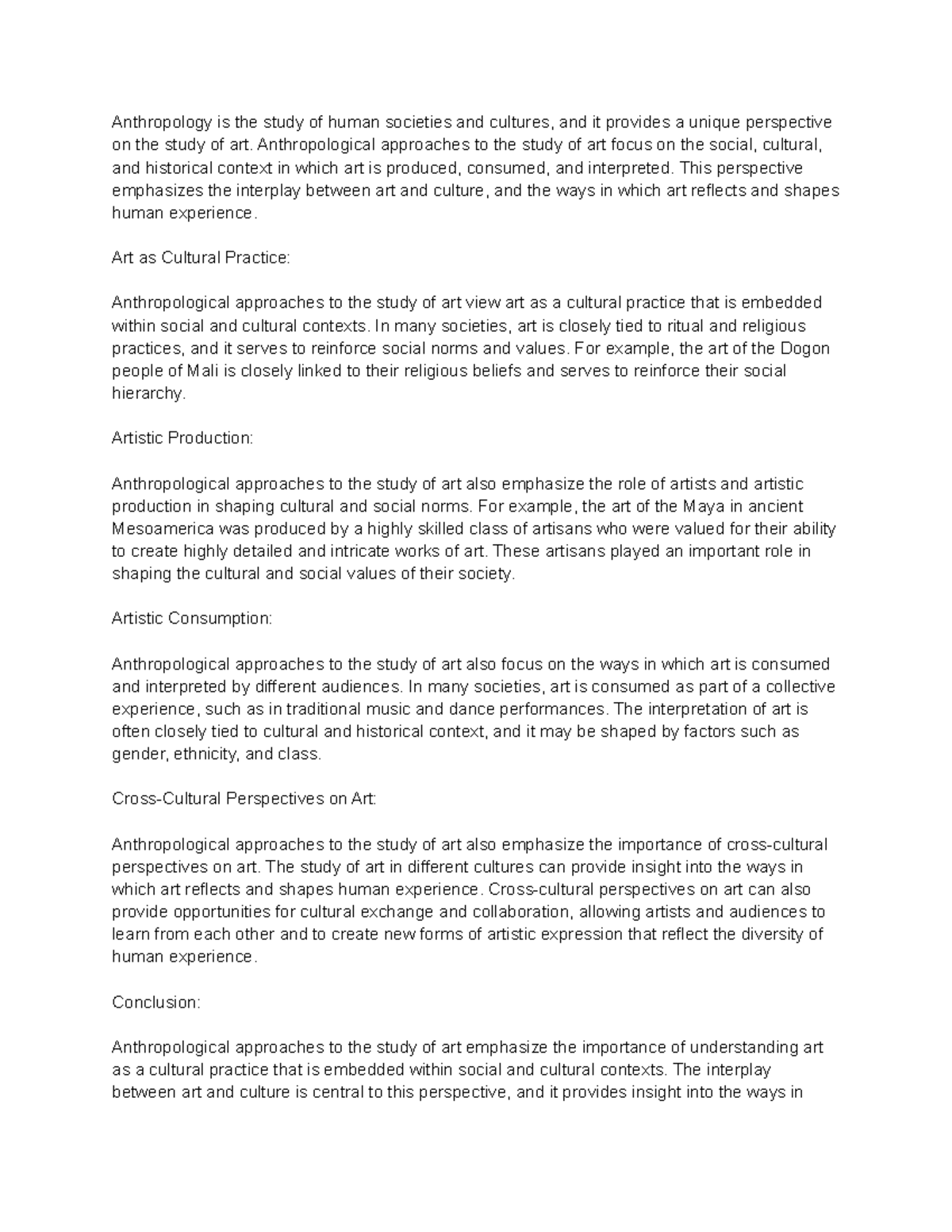 Anthropological Approaches to the Study of Art - Studocu