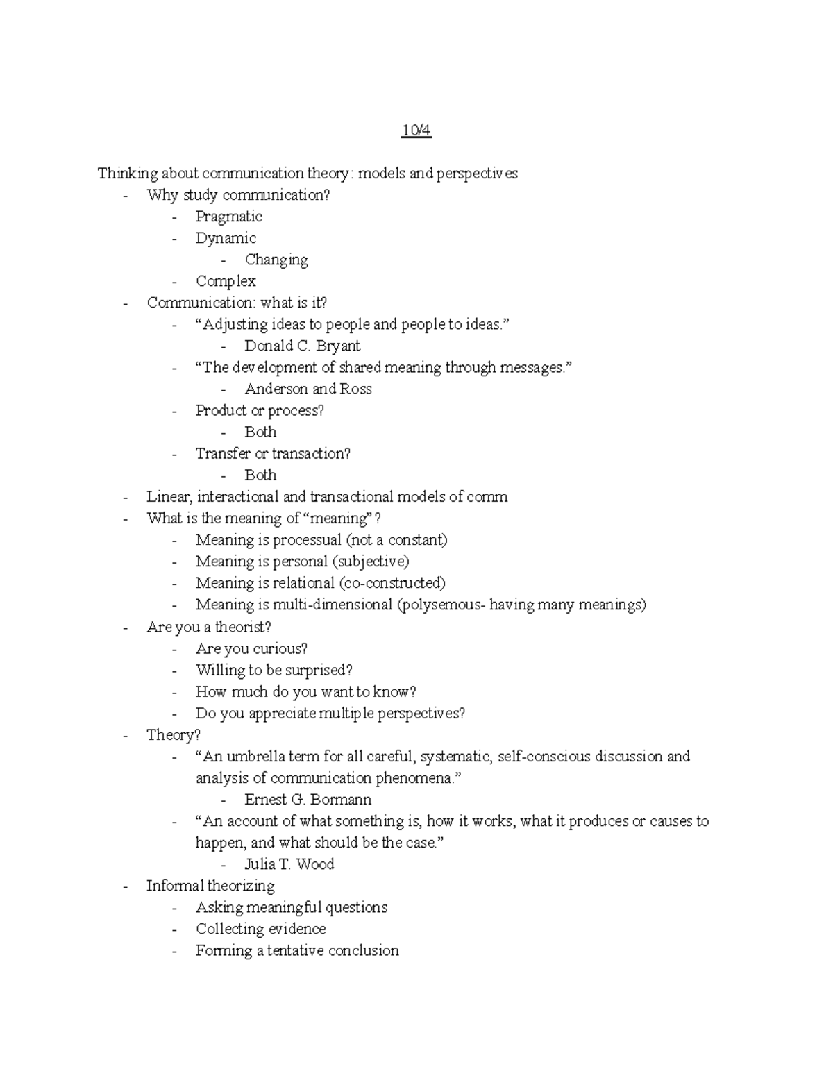 Comm 1014 Notes pt. 3 - Comm Major - 10/ Thinking about communication ...