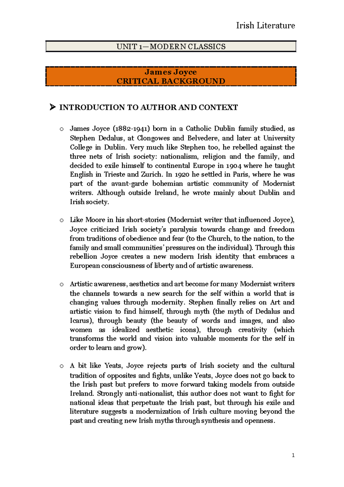 Critical background Joyce - UNIT 1—MODERN CLASSICS James Joyce CRITICAL ...