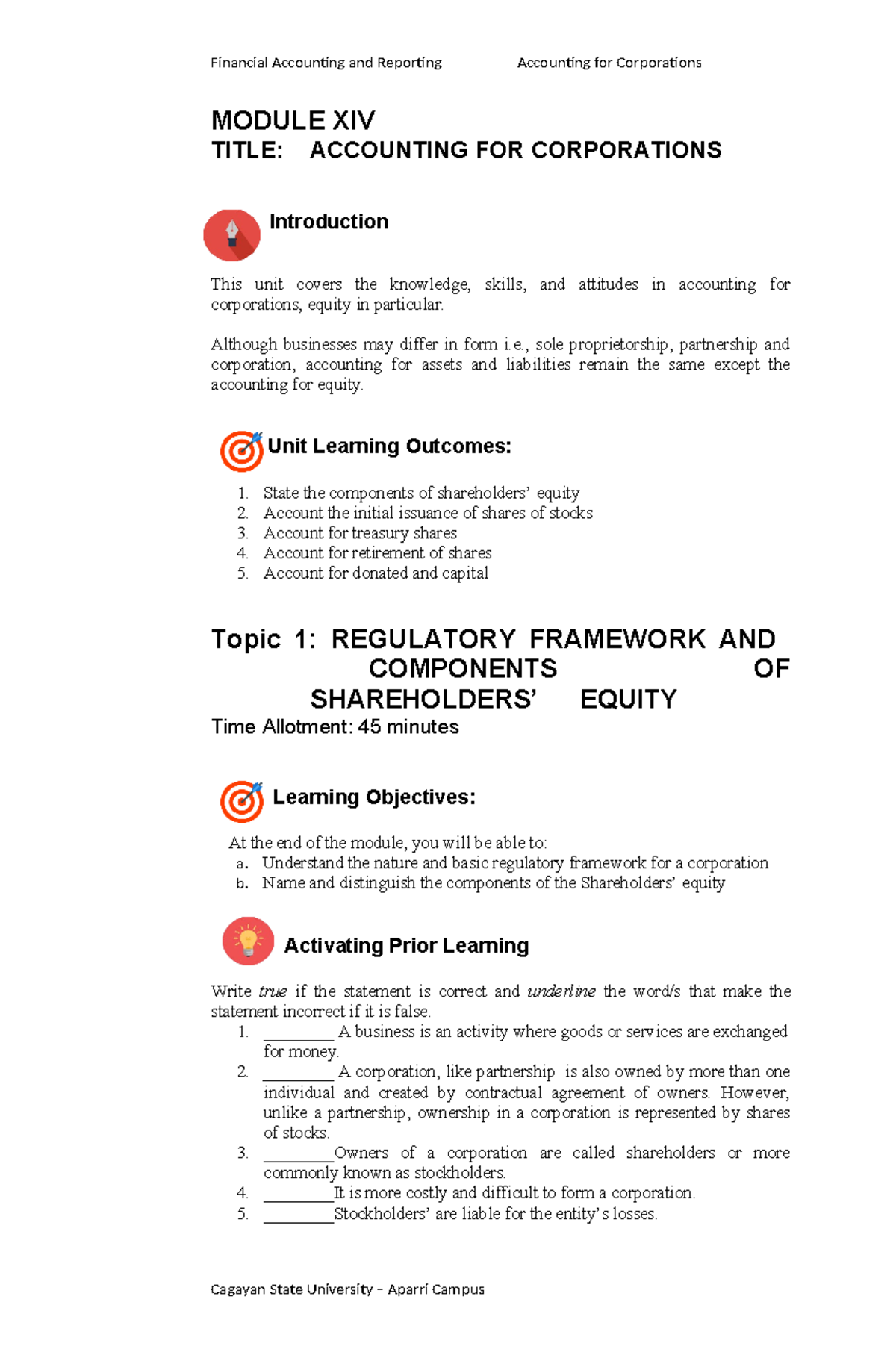 Corporation - corpo - MODULE XIV TITLE: ACCOUNTING FOR CORPORATIONS ...