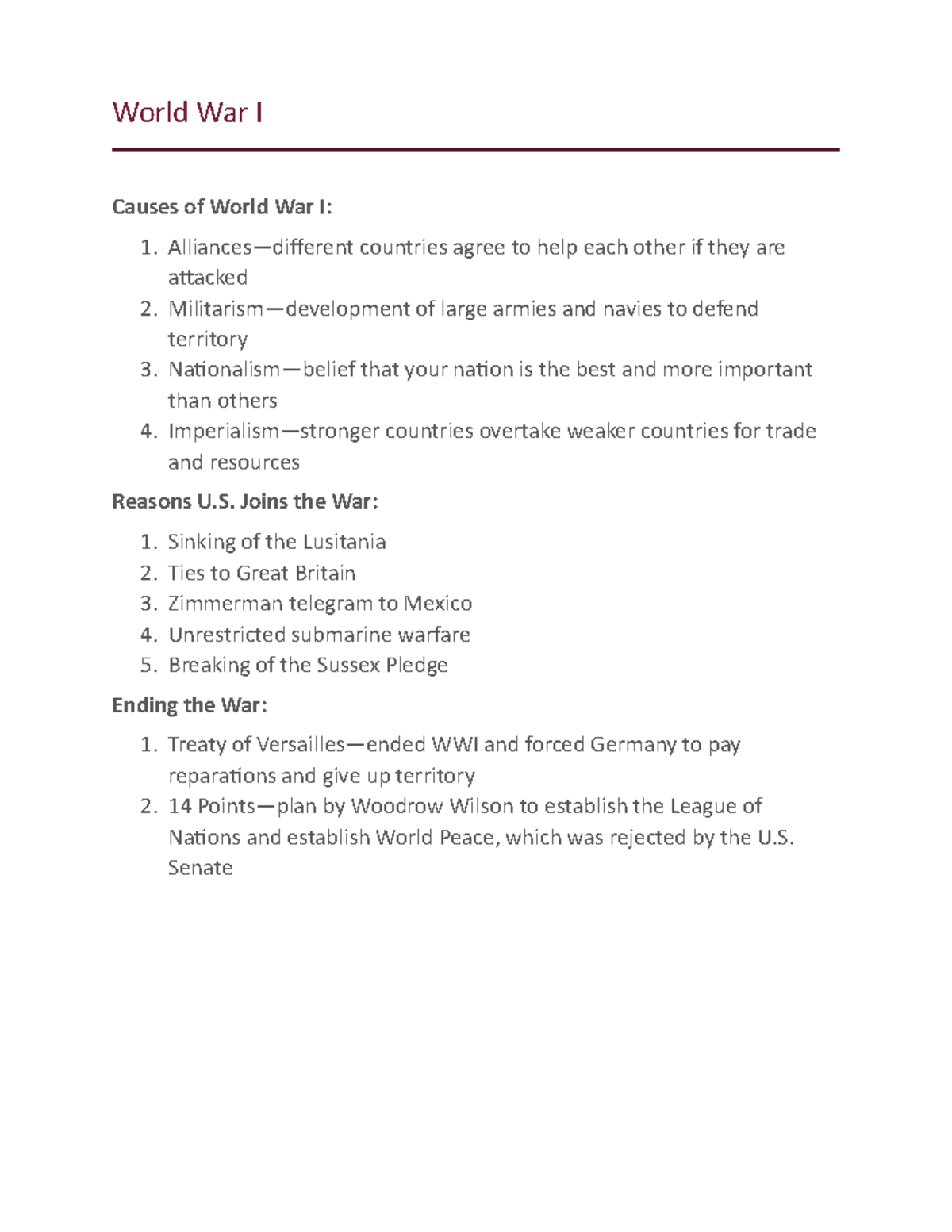 DC History World War I - Lecture notes 1 - World War I Causes of World ...