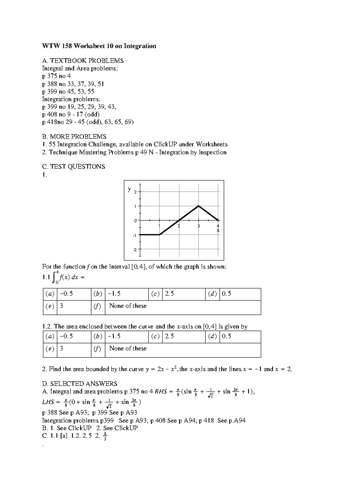 Worksheet 10 on Integration - WTW 158 Worksheet 10 on Integration A ...