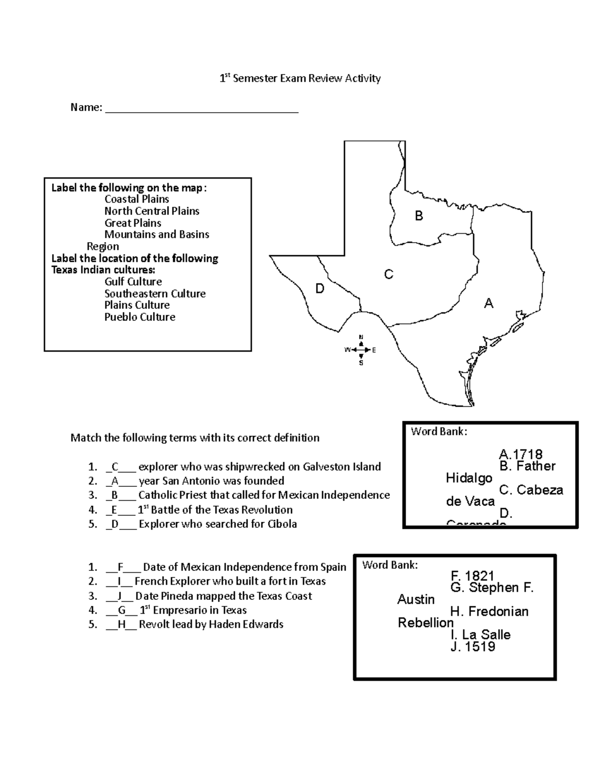 Copy of Texas History 2020 Study Guide - 1 st Semester Exam Review ...