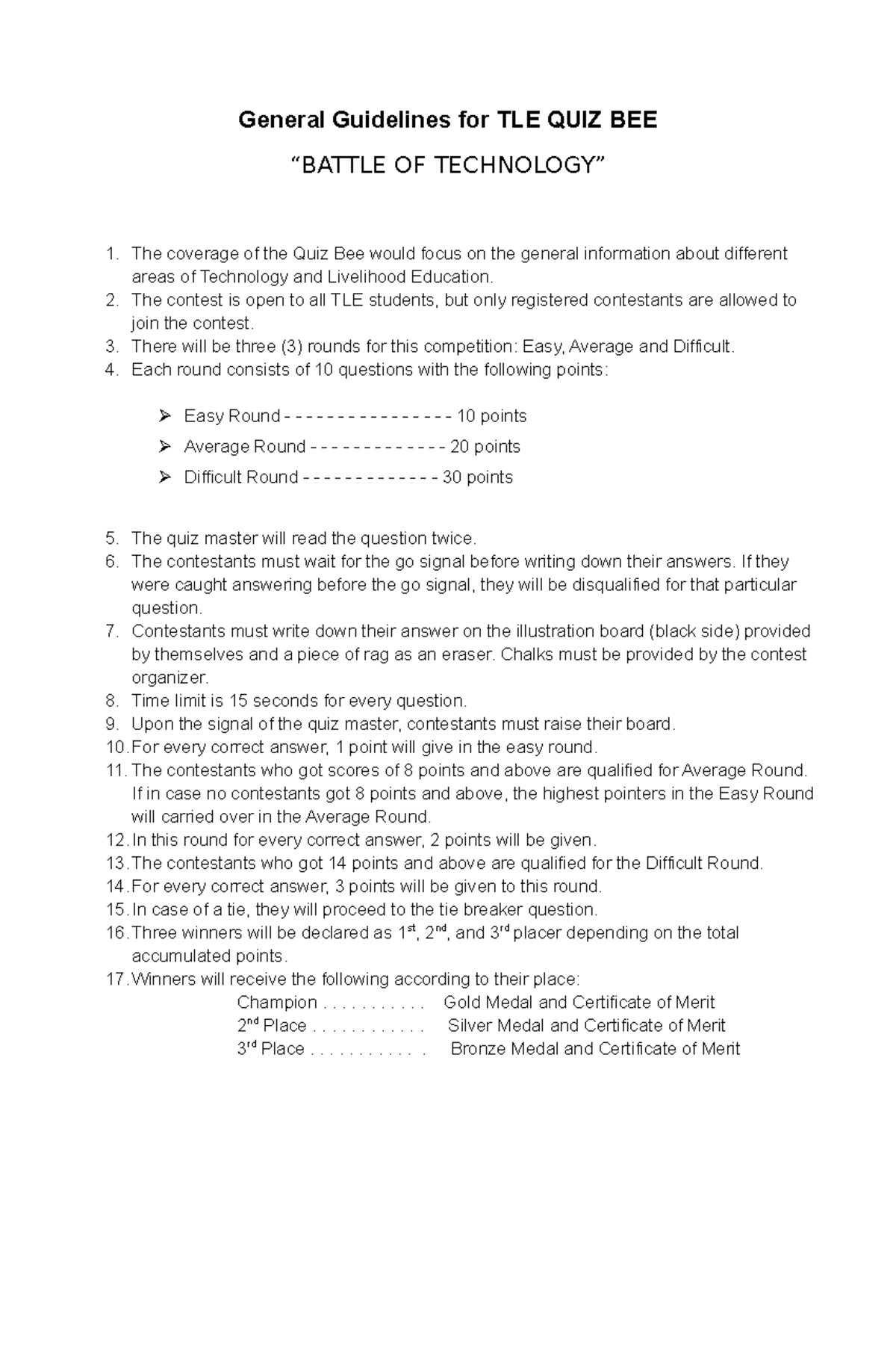 General Guidelines for TLE QUIZ BEE - General Guidelines for TLE QUIZ ...
