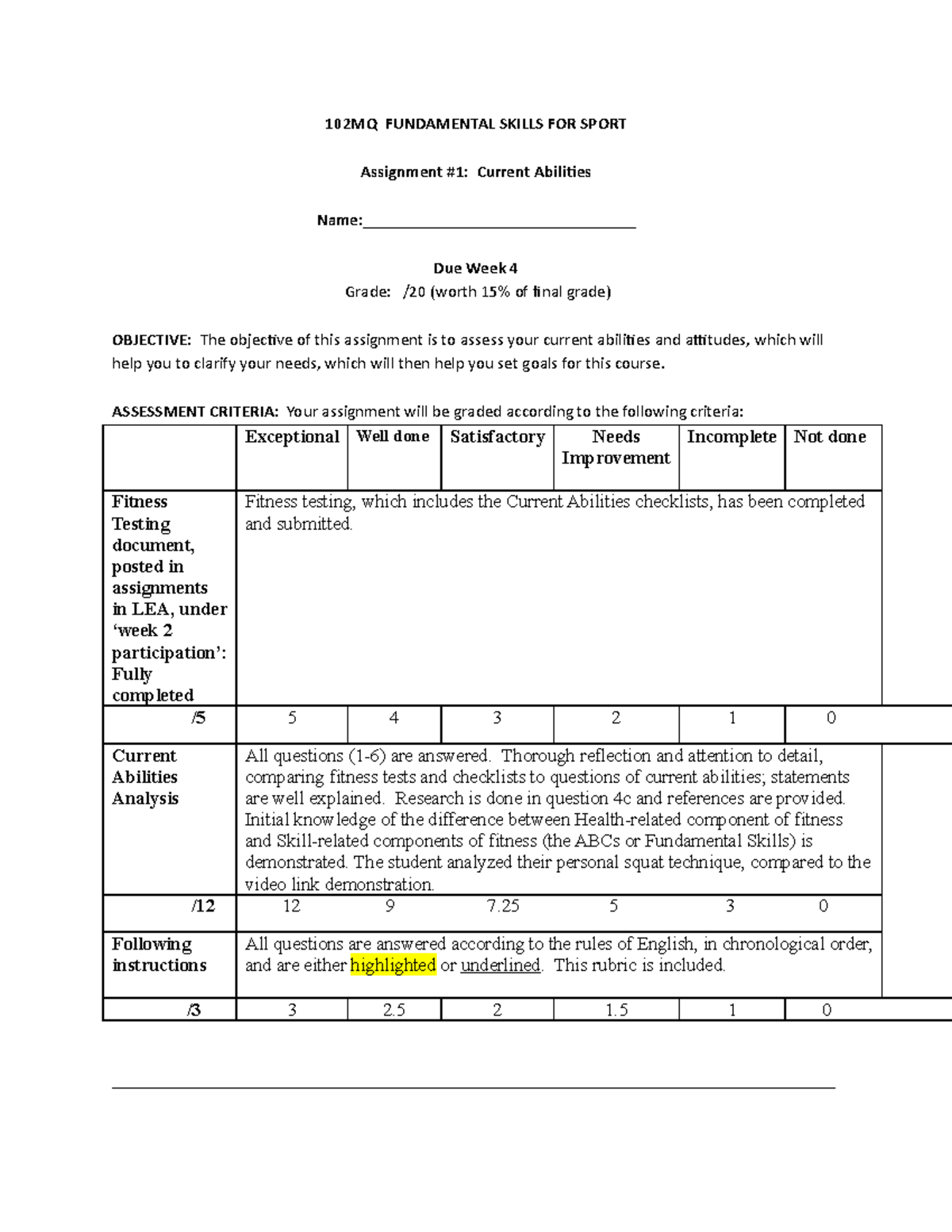 Current Abilities W 21 - 102MQ FUNDAMENTAL SKILLS FOR SPORT Assignment ...