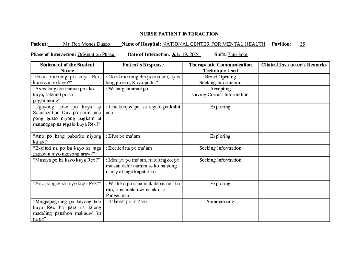 Npi july 19 friday missy - NURSE PATIENT INTERACTION Patient: Mr. Rex ...