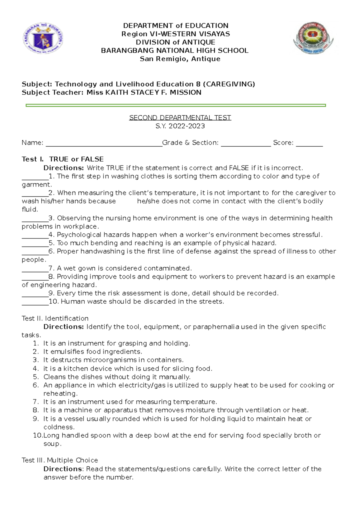 TLE Departmental Test- 1st Quarter. 2022-2023 - DEPARTMENT of EDUCATION ...