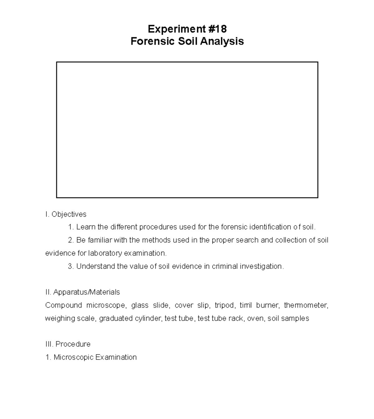 Experiment-18 - FORENSIC CHEMISTRY EXPERIMENT. - Experiment Forensic Soil Analysis I. Objectives ...