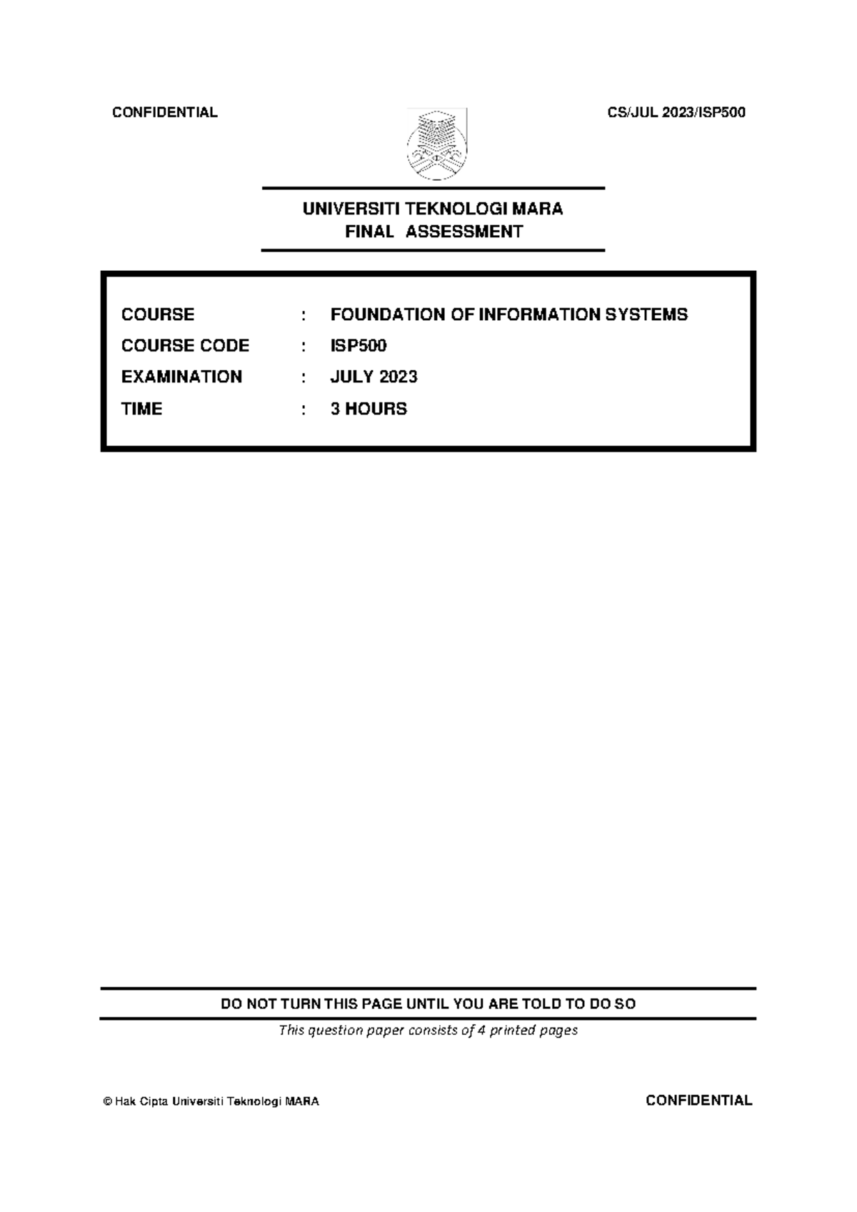 ISP500 JUL 2023 - UNIVERSITI TEKNOLOGI MARA FINAL EXAMINATION COURSE : FOUNDATION OF INFORMATION ...
