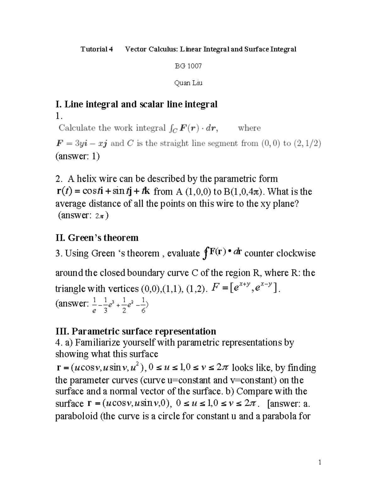 Tutorial 4 - Vector Calculus - Tutorial 4 Vector Calculus: Linear Integral and Surface Integral ...