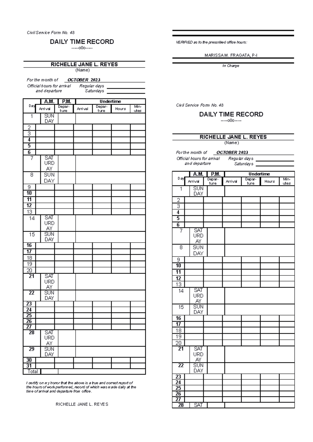 DTR- Blank - zzz - Civil Service Form No. 48 DAILY TIME RECORD -o0o ...