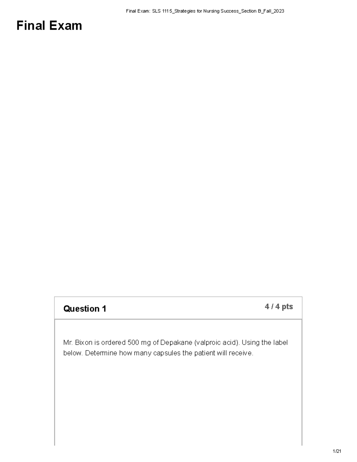 Final Exam SLS 1115 Strategies for Nursing Success Section B Fall 2023 ...