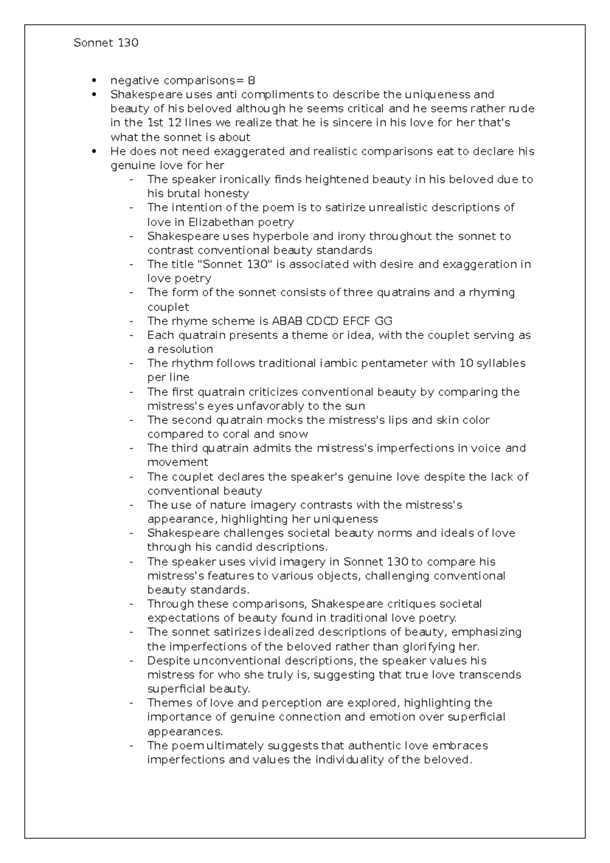 Sonnet 130 - Sonnet 130 negative comparisons= 8 Shakespeare uses anti ...