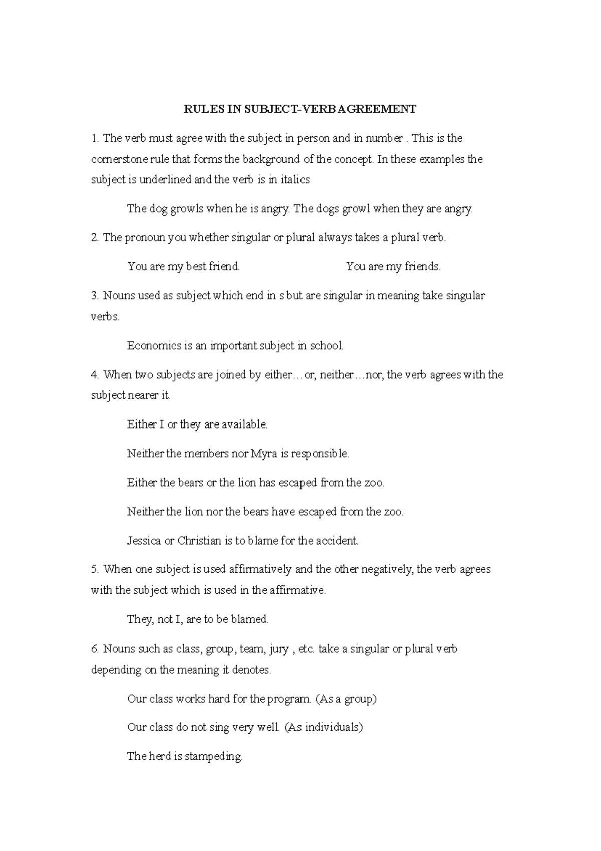 Rules in SVA - RULES IN SUBJECT-VERB AGREEMENT The verb must agree with ...