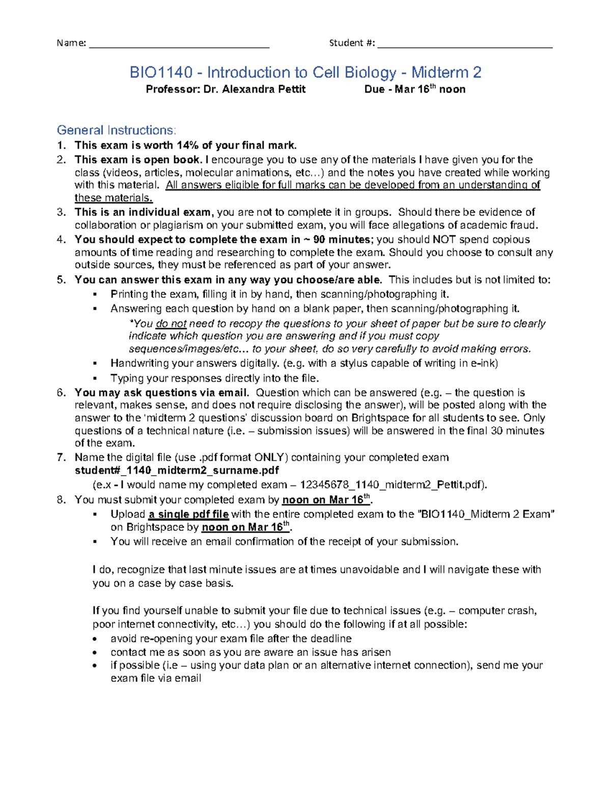 Midterm 2-BIO1140; assignment 2021 winter - BIO 1140 - Introduction to ...