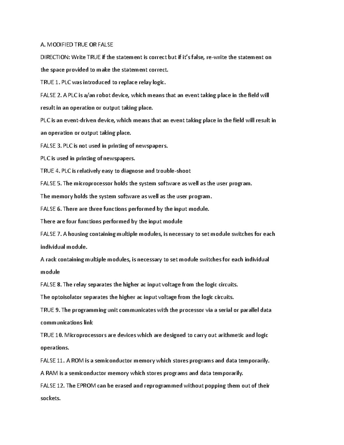 Elx o4 - electronics design learning activities - A. MODIFIED TRUE OR FALSE DIRECTION: Write ...