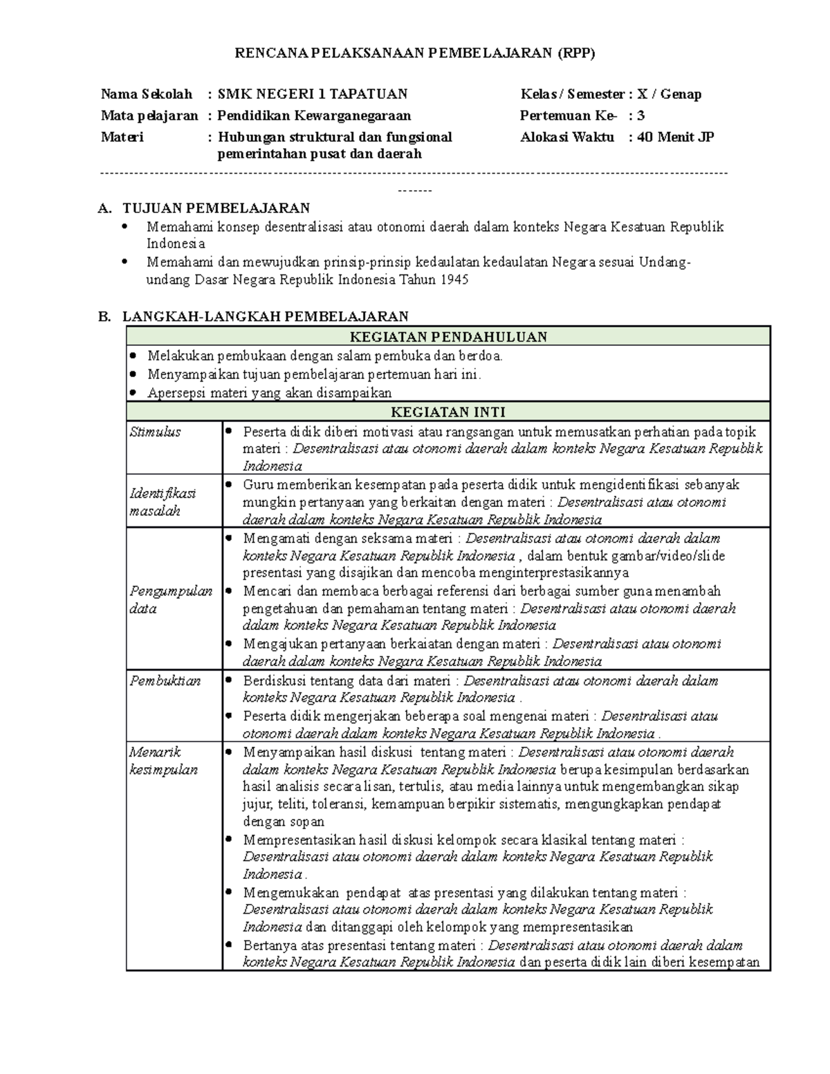 RPP Kelas X MP PKN - RPP - RENCANA PELAKSANAAN PEMBELAJARAN (RPP) Nama ...