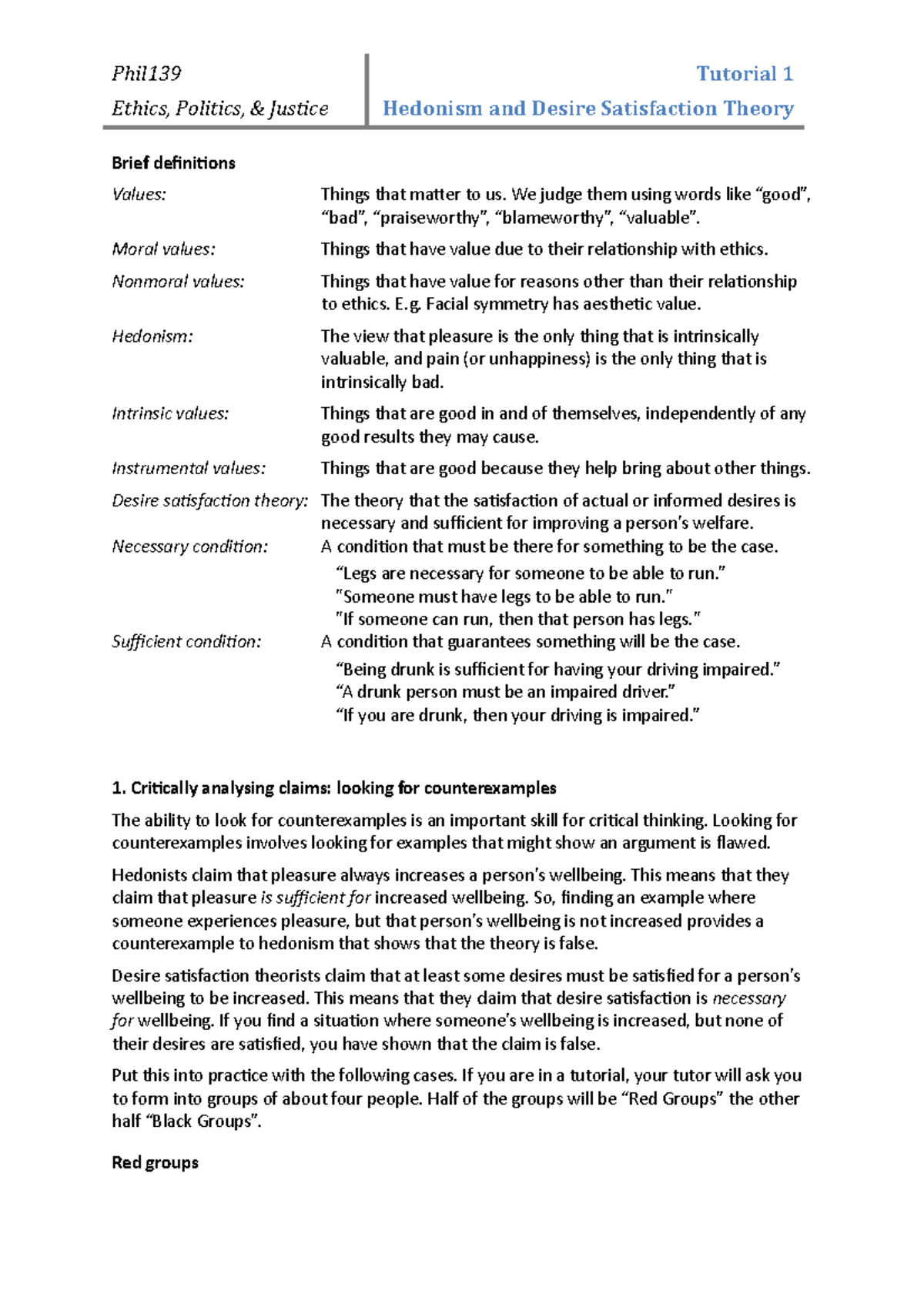 Phil139 22S2 Tutorial 1 Hedonism and Desire Satisfaction - Phil Ethics ...