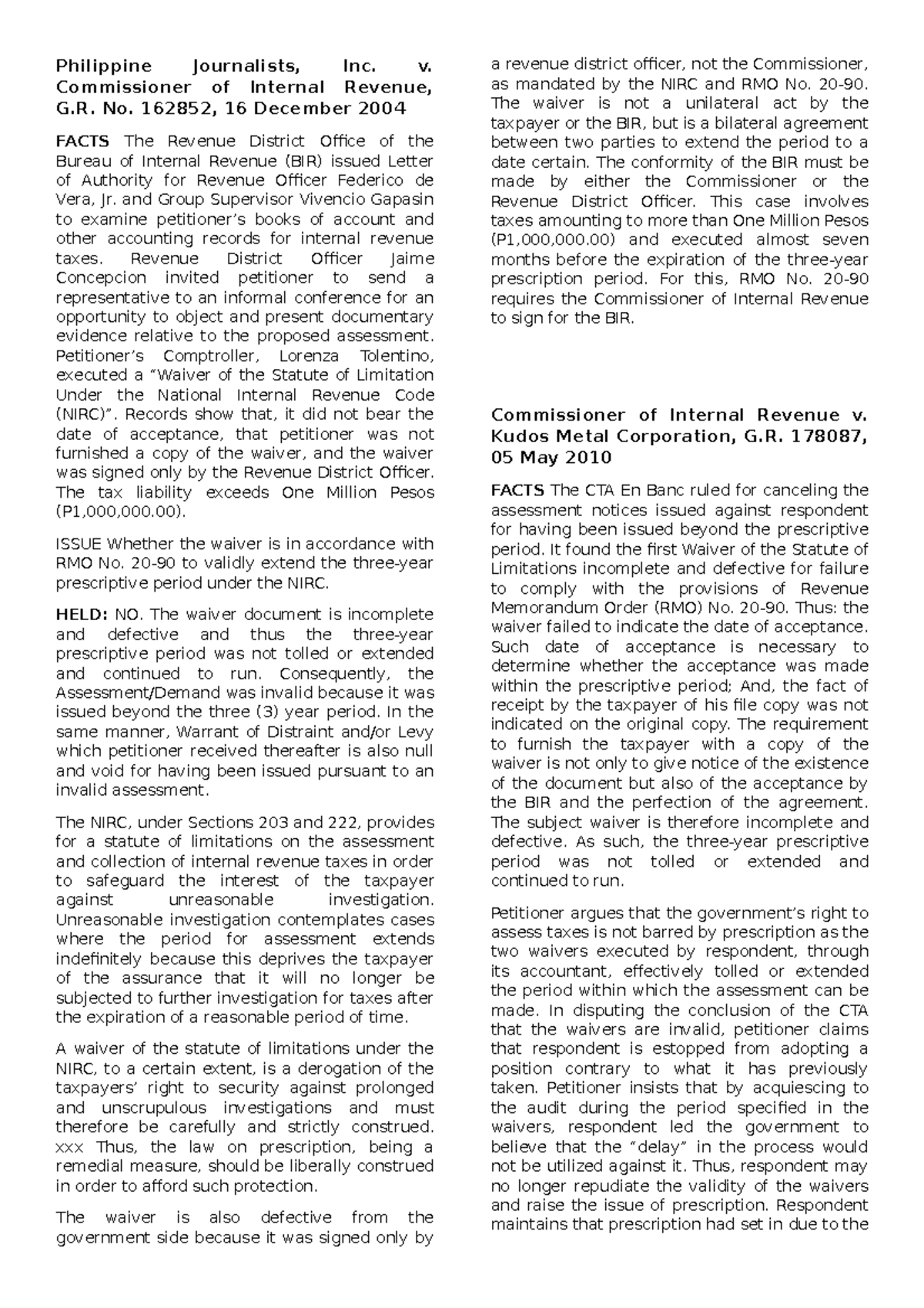TAX Remedies CASE Digest - Philippine Journalists, Inc. v. Commissioner of Internal Revenue, G ...
